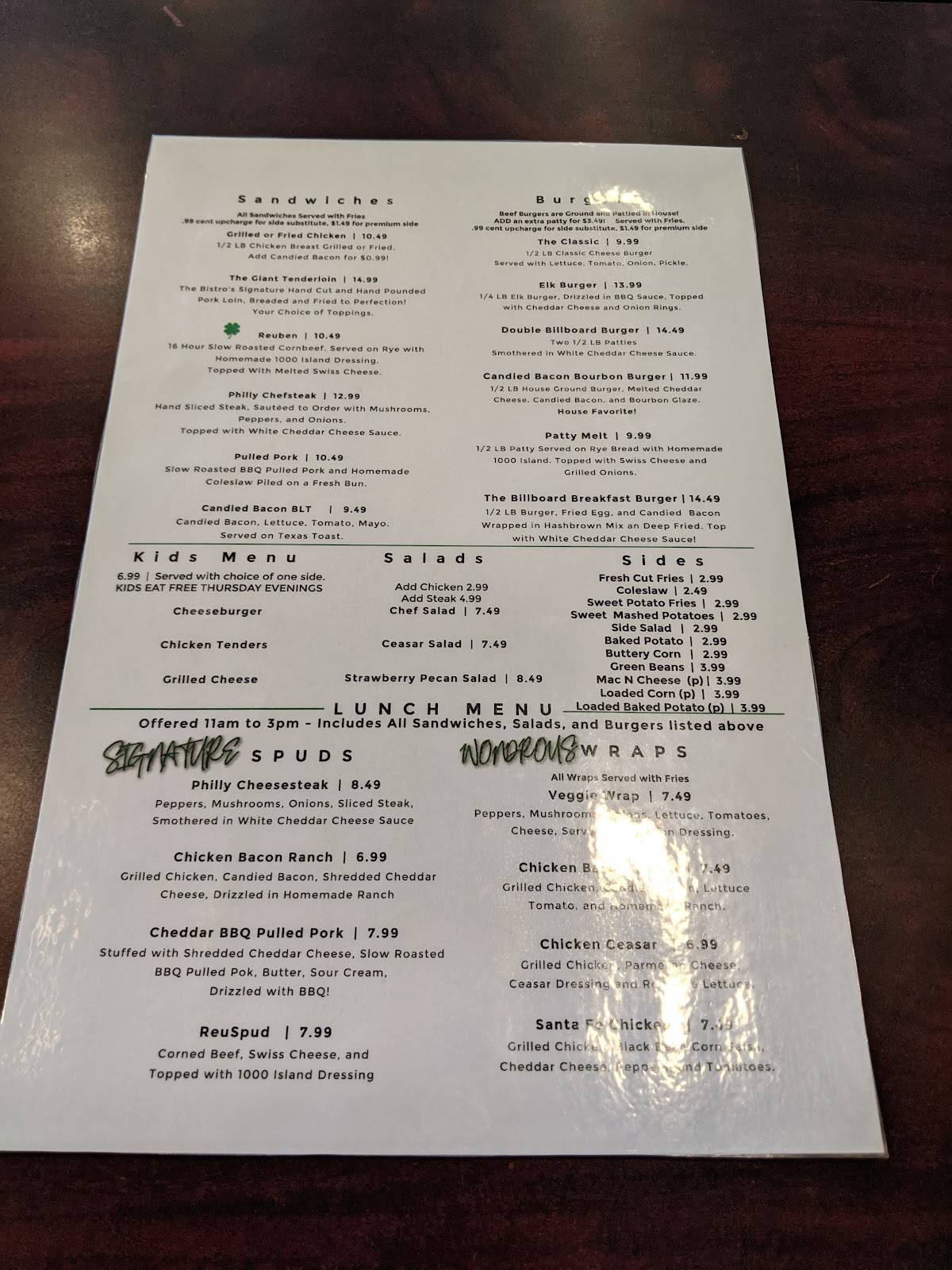 Menu at The BillBoard Bistro restaurant, Bartonville