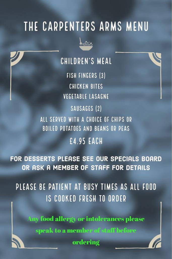 Menu at The Carpenters Arms restaurant, Laugharne