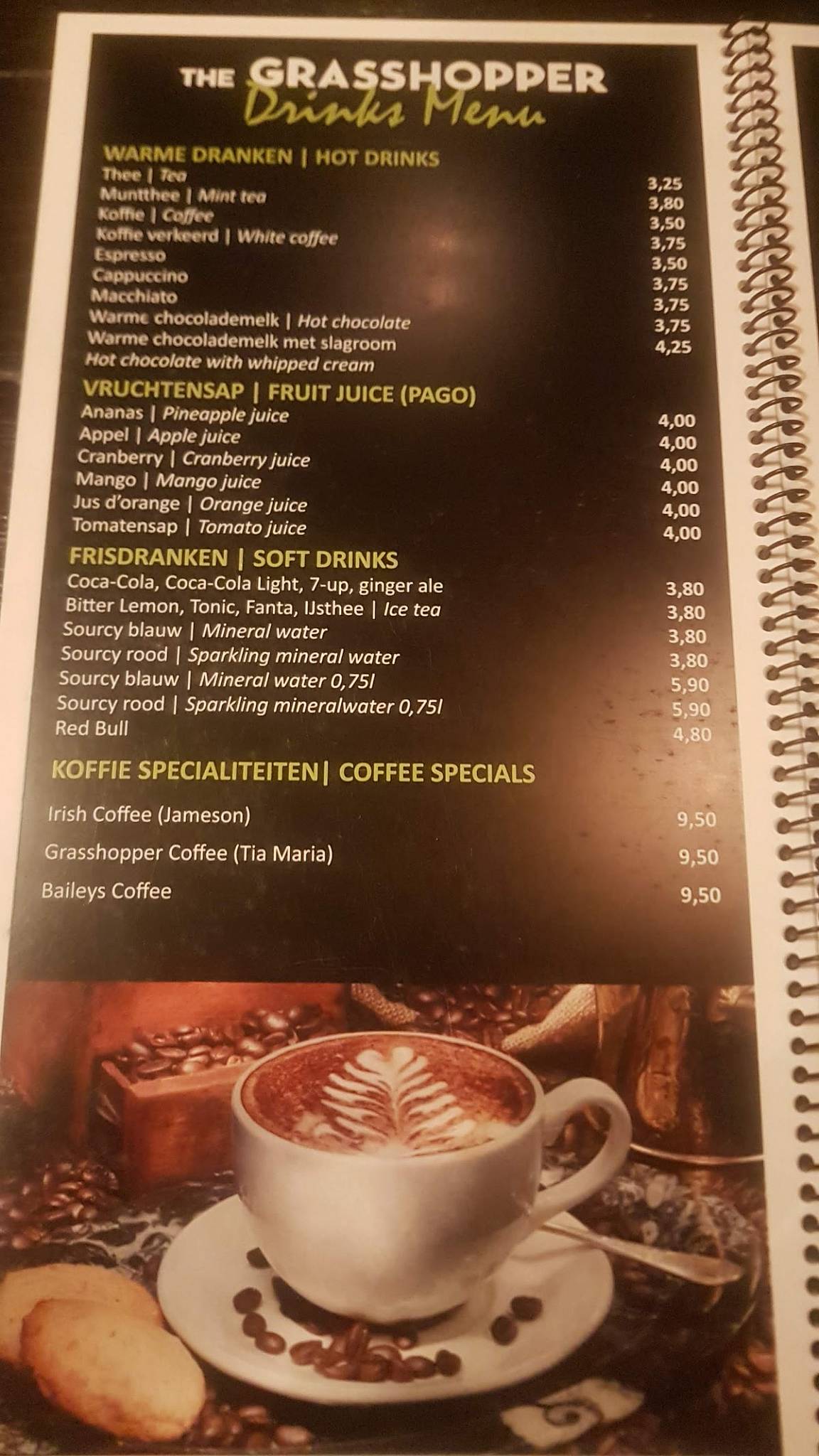 Menu at The Grasshopper, Amsterdam