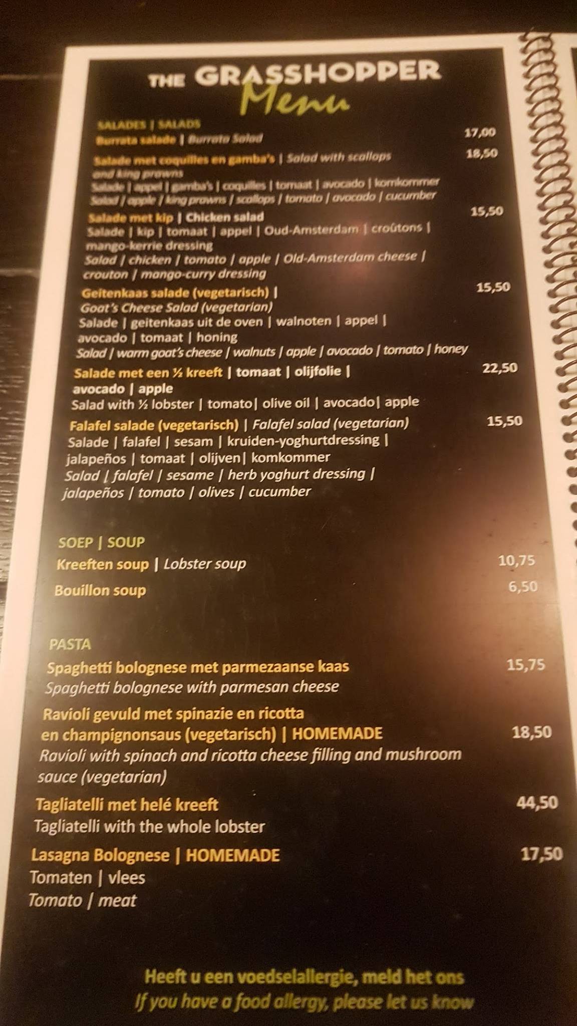 Menu at The Grasshopper, Amsterdam