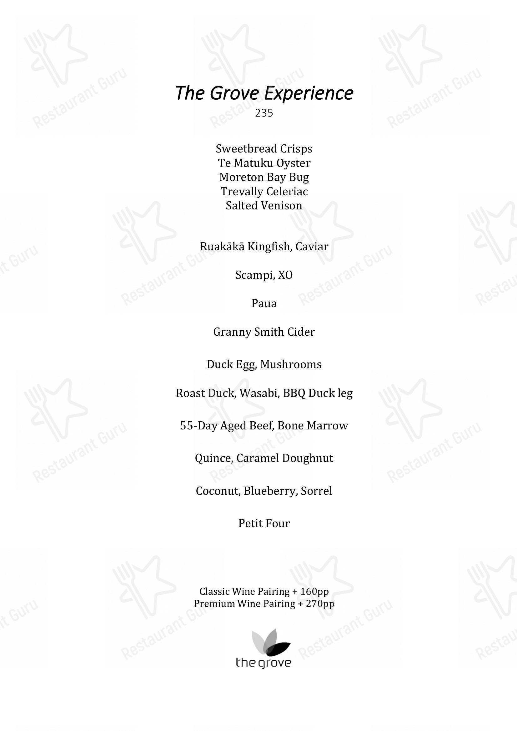 Menu at The Grove Restaurant, Auckland