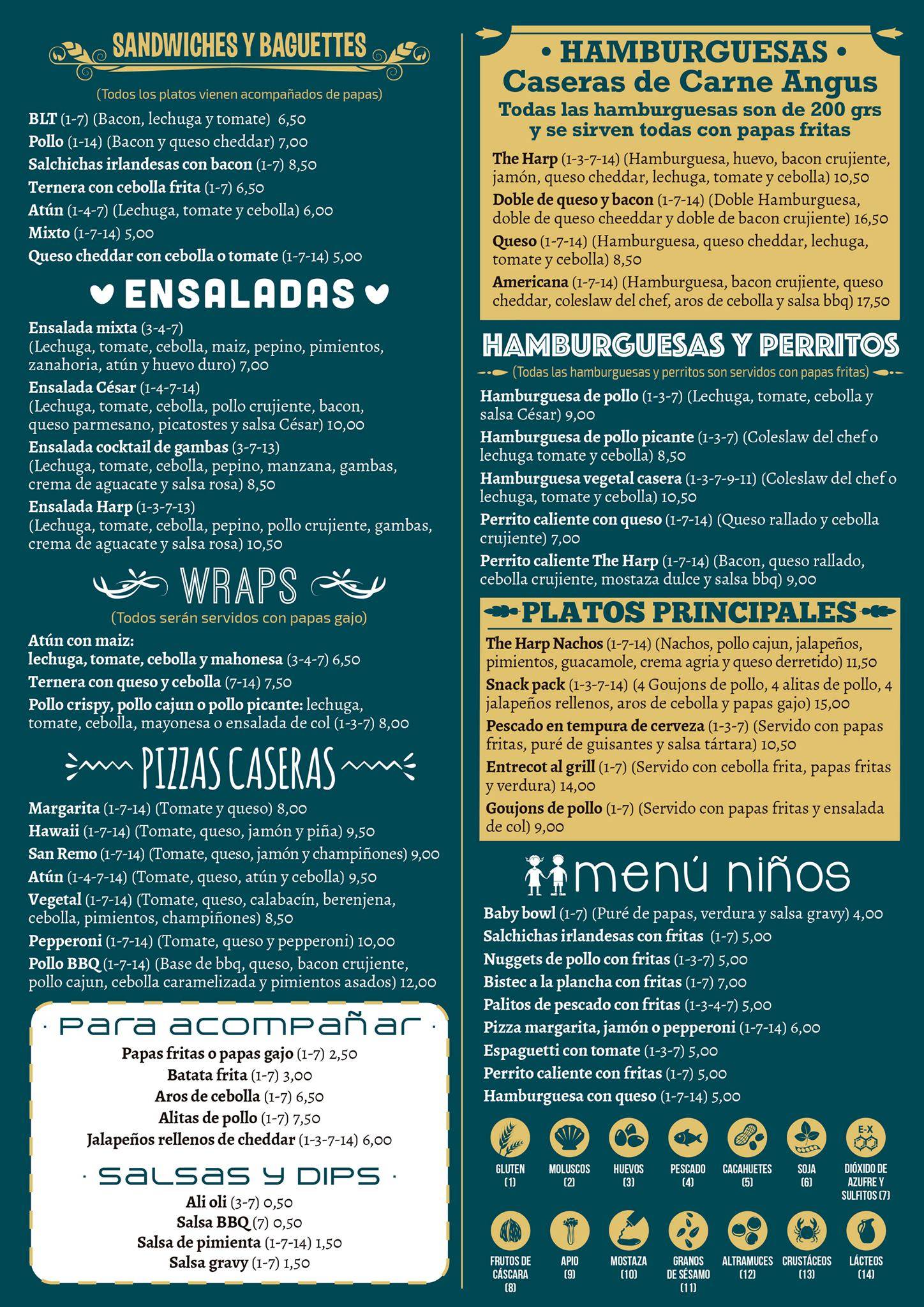 Carta de The Harp Bar, Playa Blanca