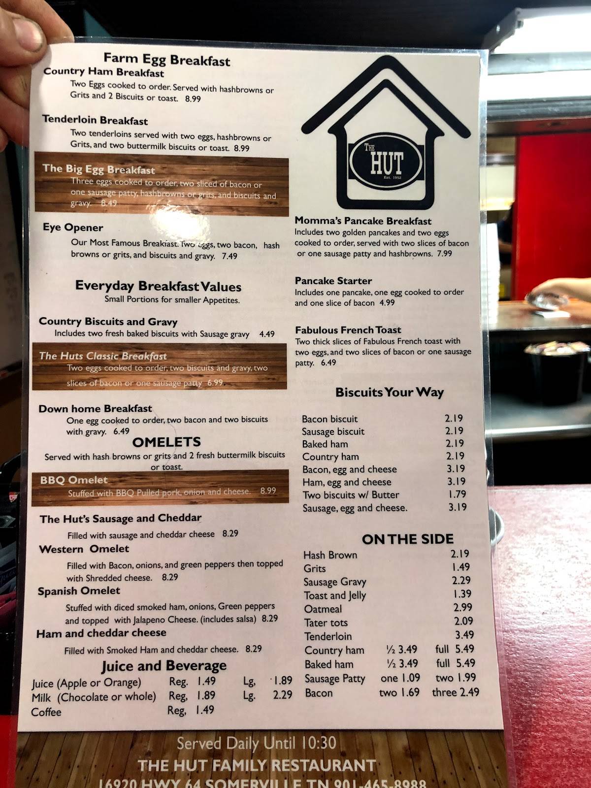 Menu at The Hut restaurant, Somerville