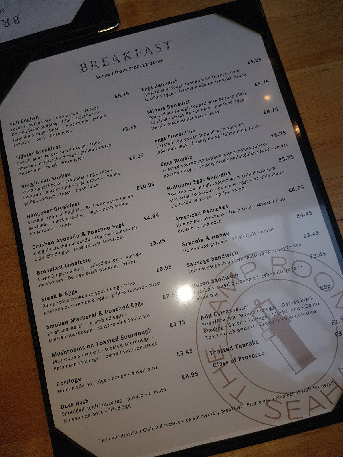 Menu at The Lamp Room restaurant, Seaham