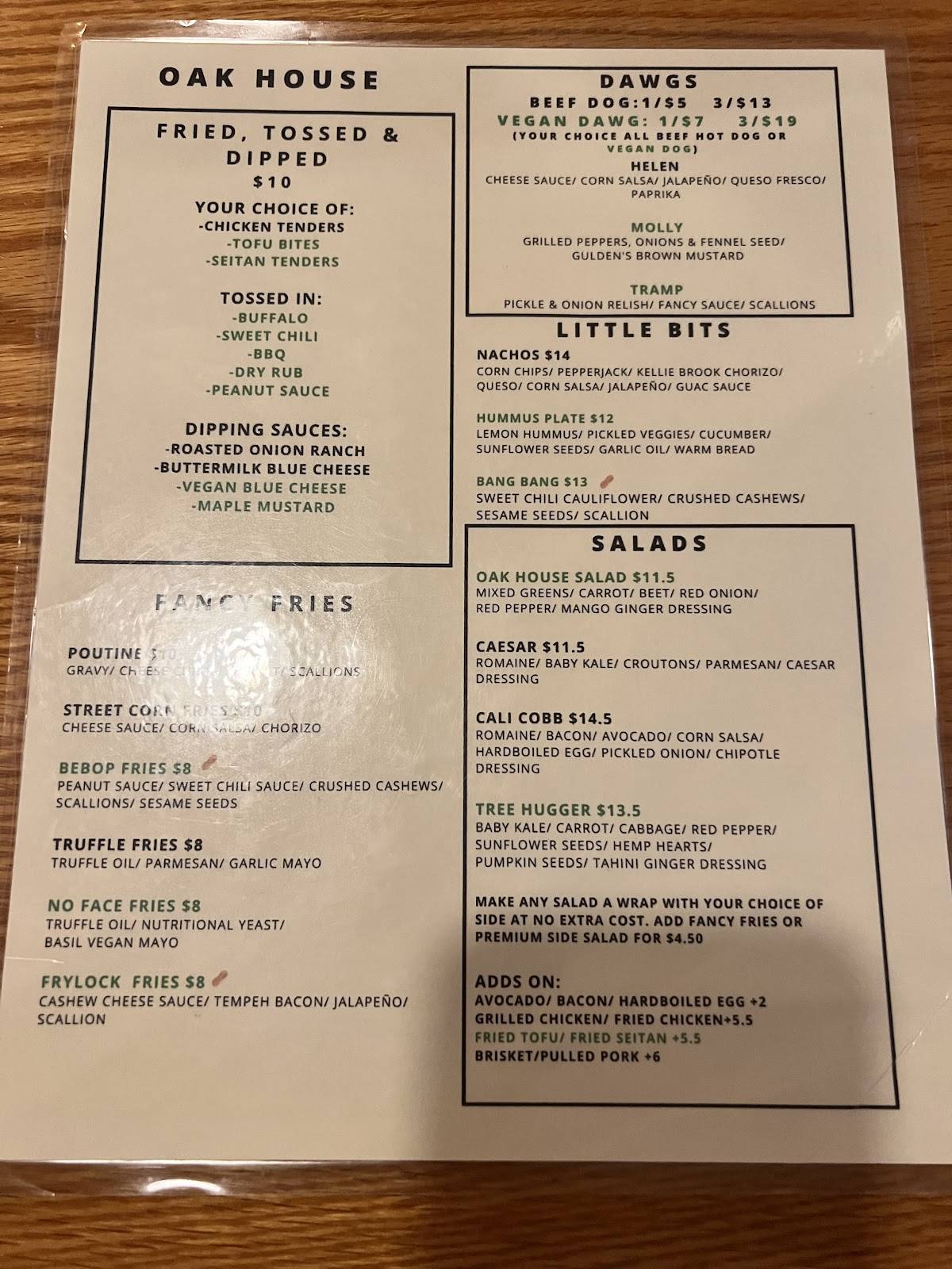 Menu at The Oak House restaurant, Newmarket