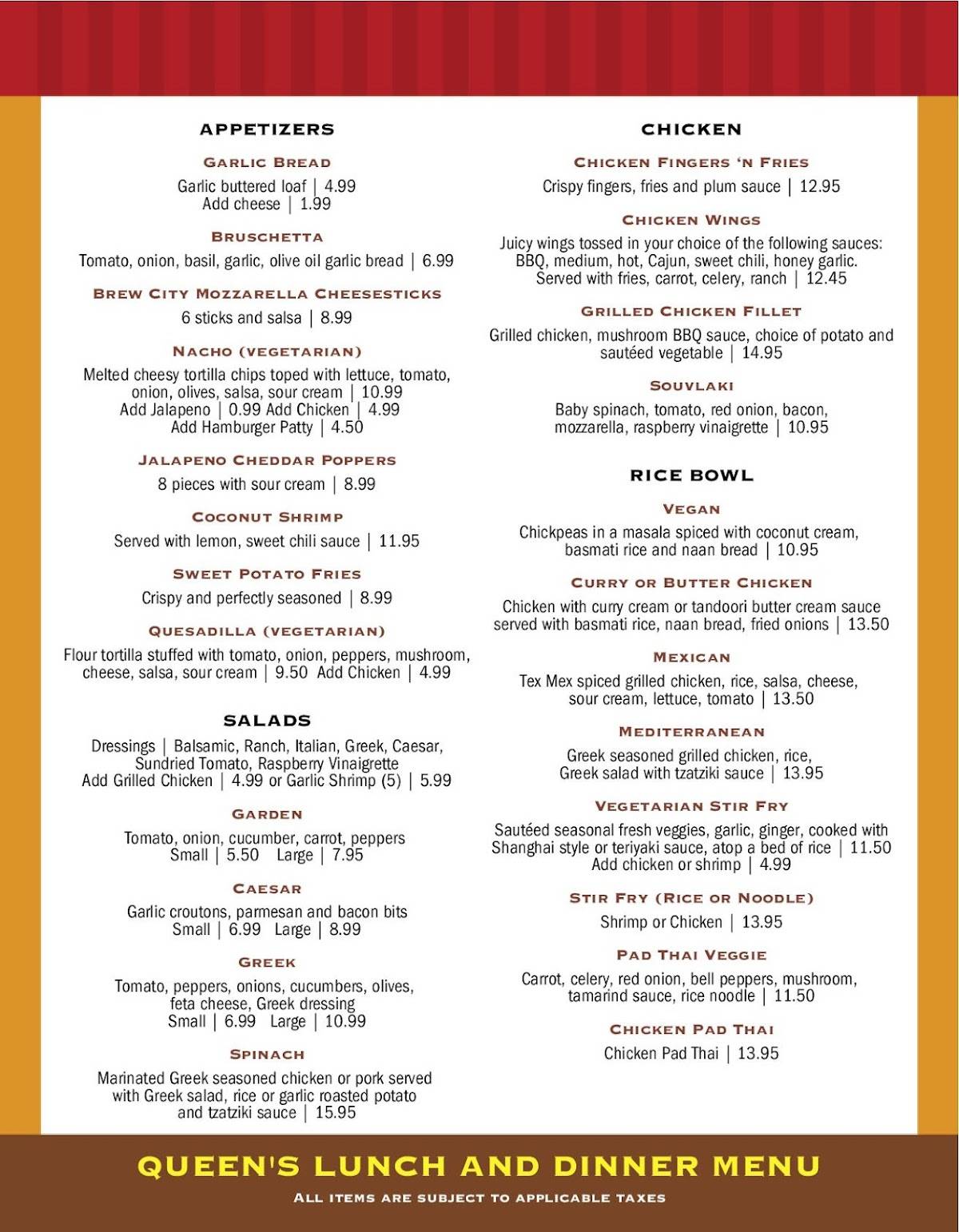 Menu at The Queen’s Bistro restaurant, Lindsay