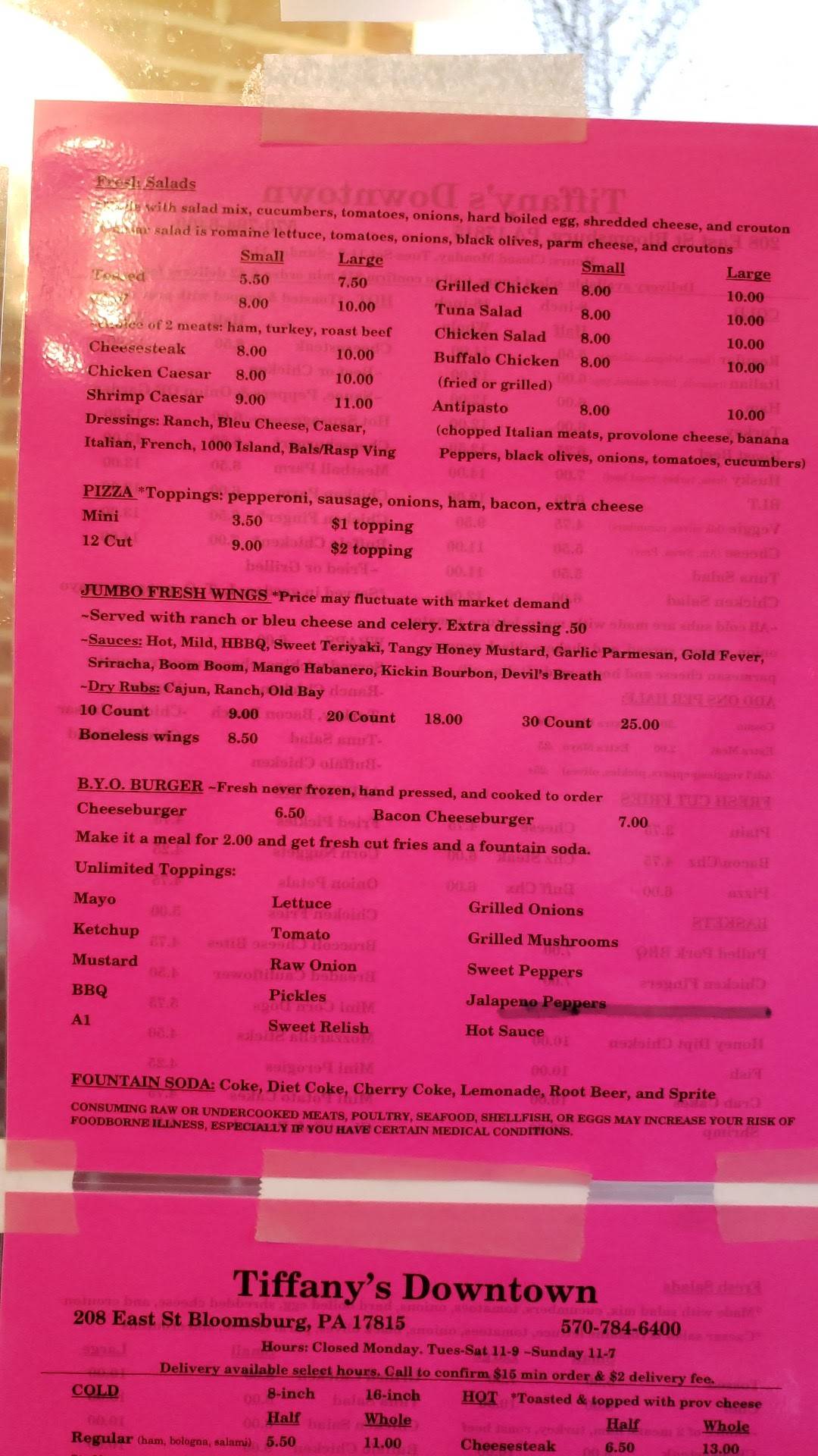 Menu at Tiffany’s Downtown restaurant, Bloomsburg