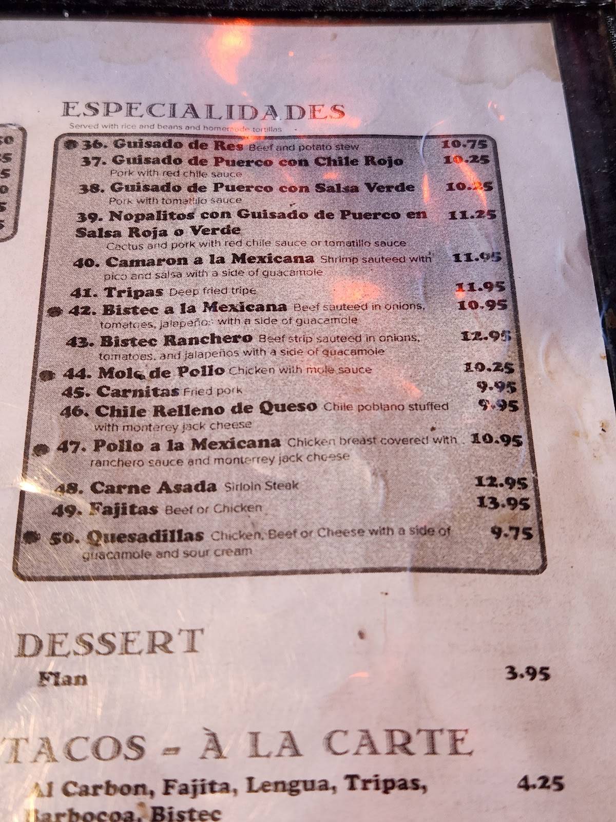 Menu at Tipico's restaurant, Dallas