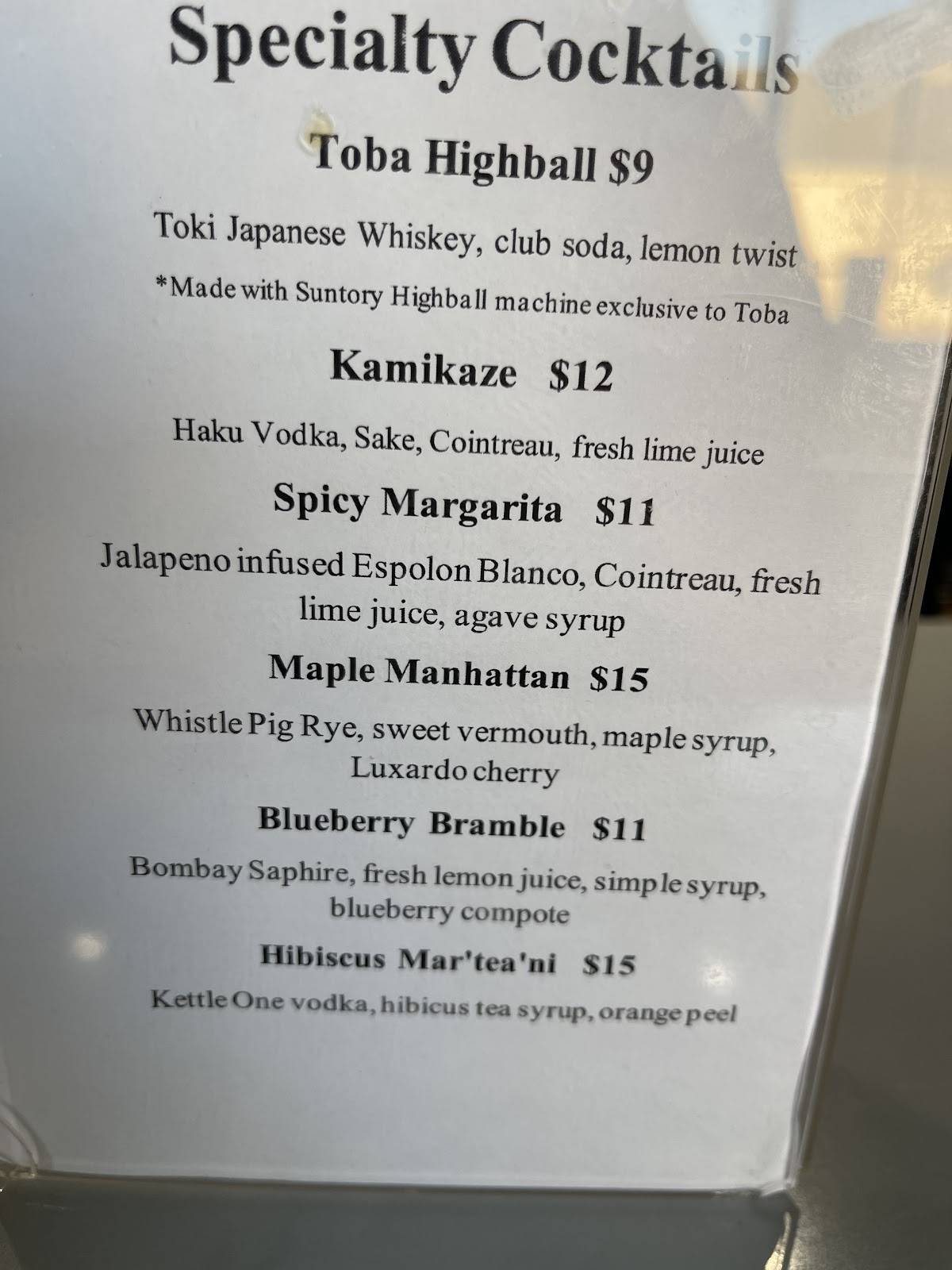 Menu at Toba Asian Fusion restaurant, Middletown