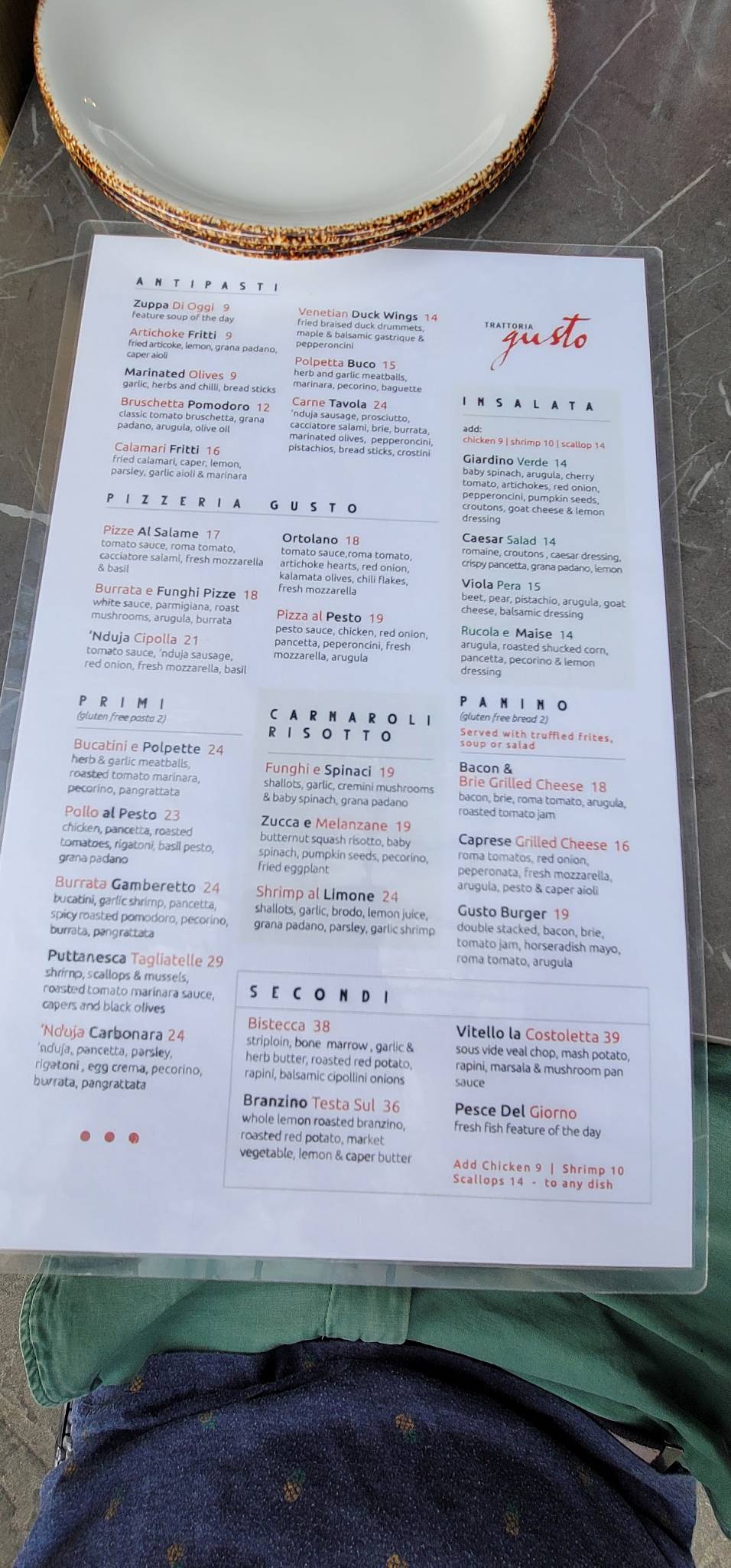 Menu at Trattoria Gusto restaurant, Port Hope