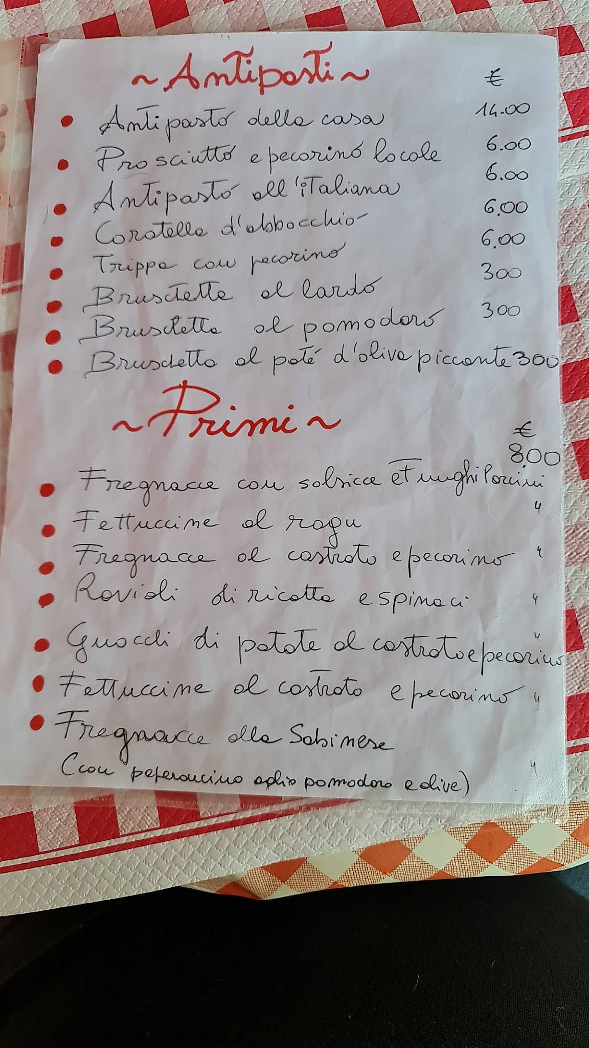 Menu da Trattoria Il Vigneto ristorante, Colle di Tora, Via Turanense