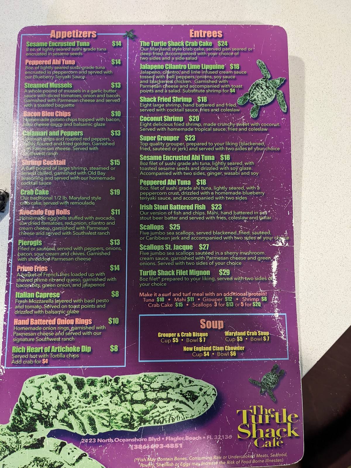 Menu at Turtle Shack Cafe, Flagler Beach