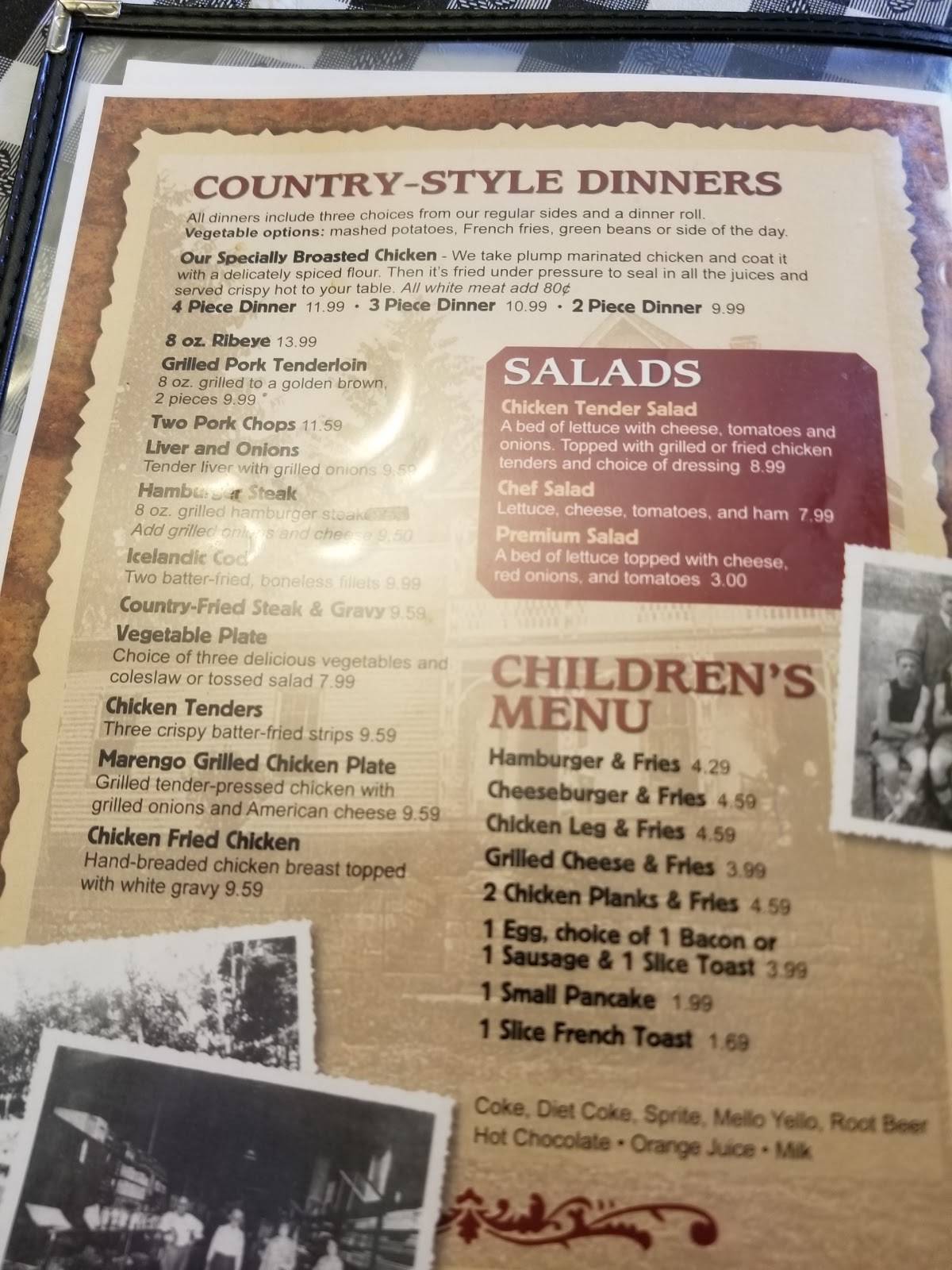 Menu at Van's Country Table restaurant, Marengo