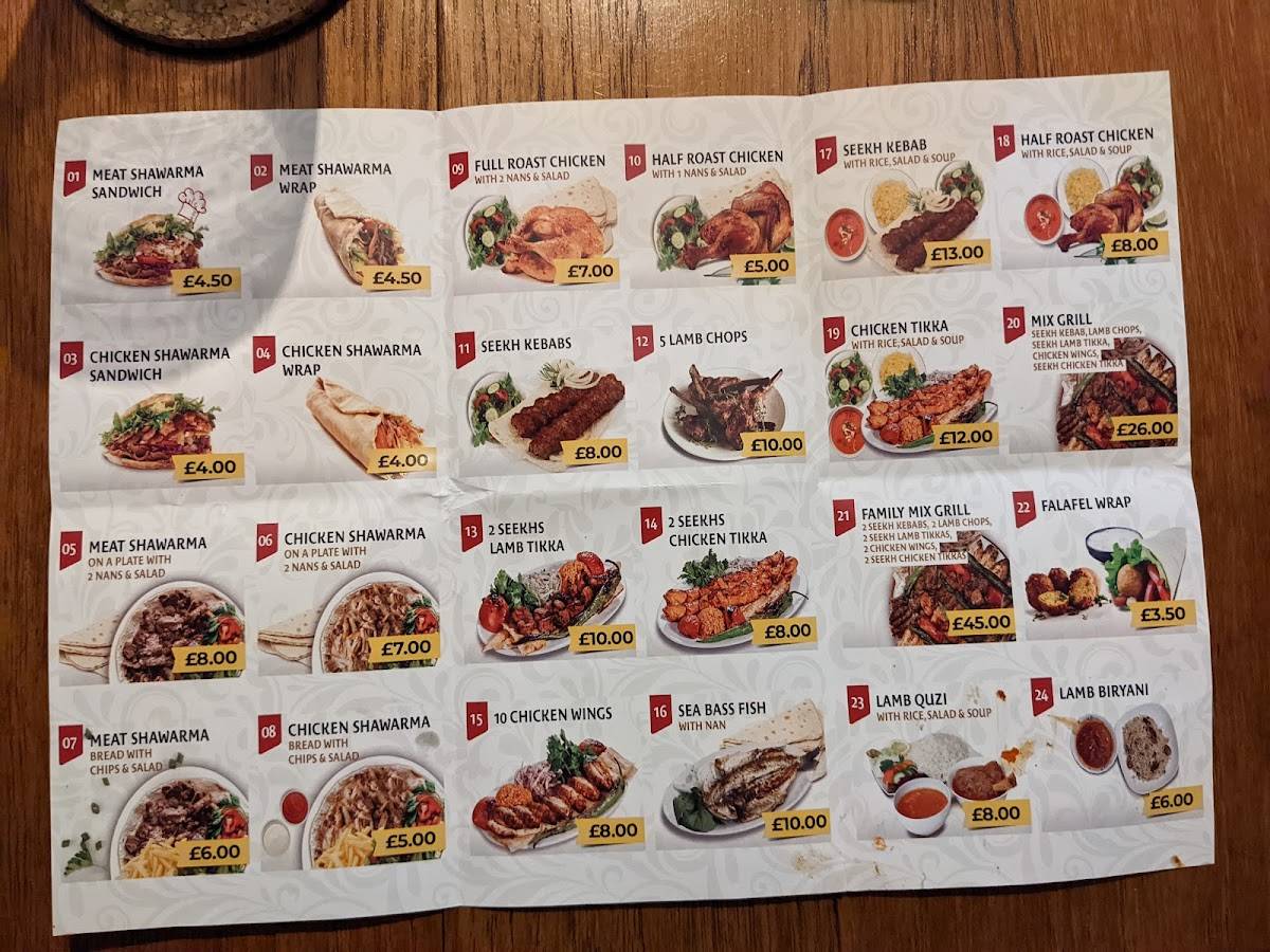 Menu at Victoria Shawarma restaurant, Nottingham
