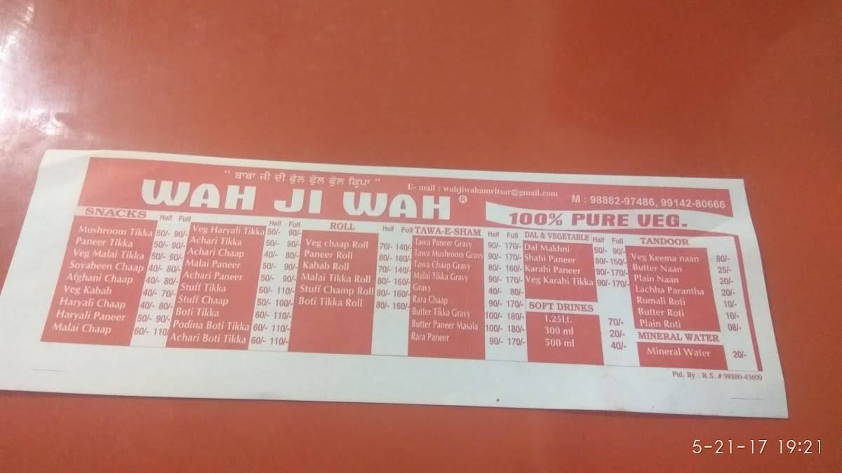 Menu at WAH JI WAH, Amritsar, near Shahzada Nand School