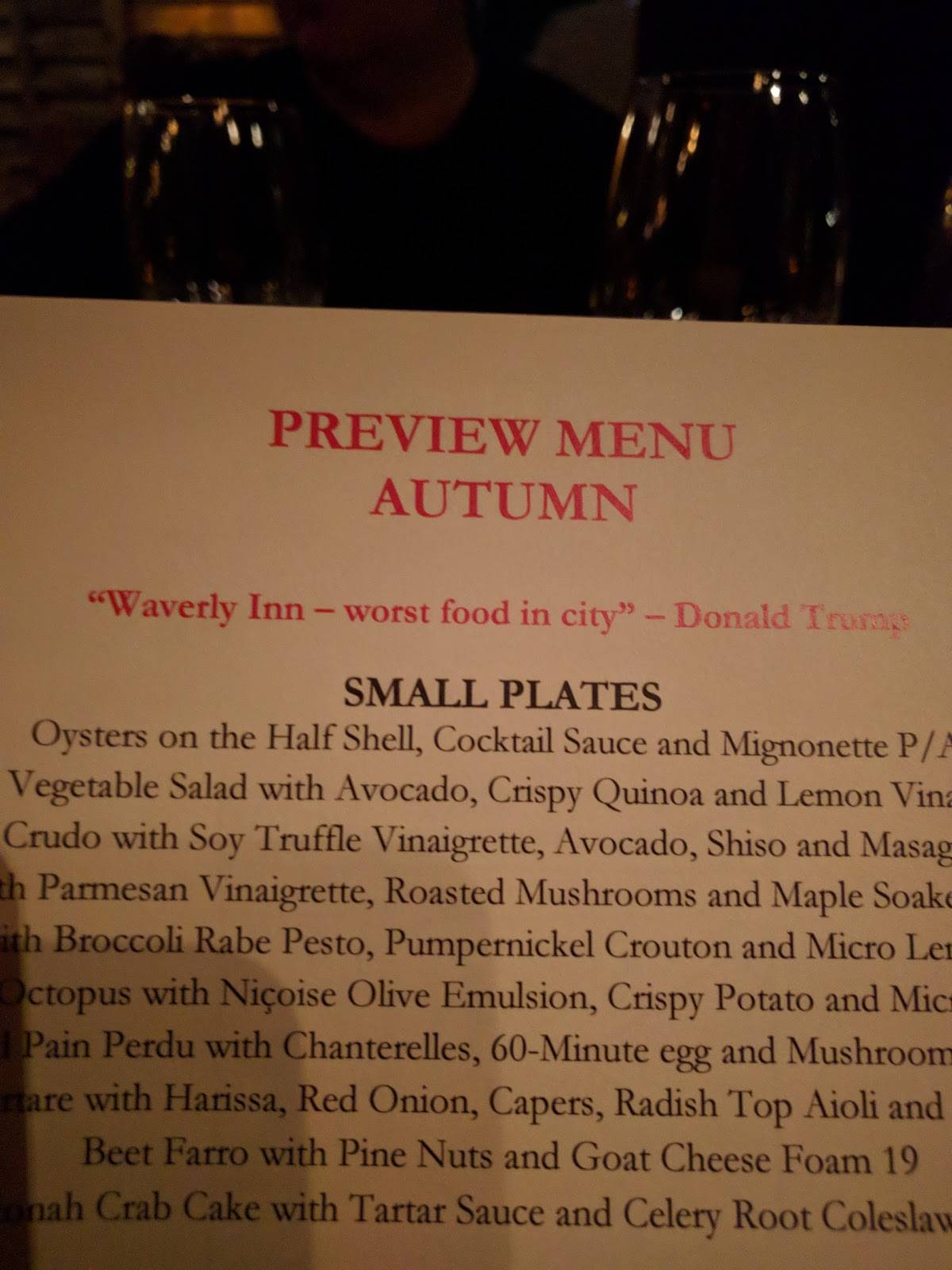 Menu at Waverly Inn restaurant, New York City