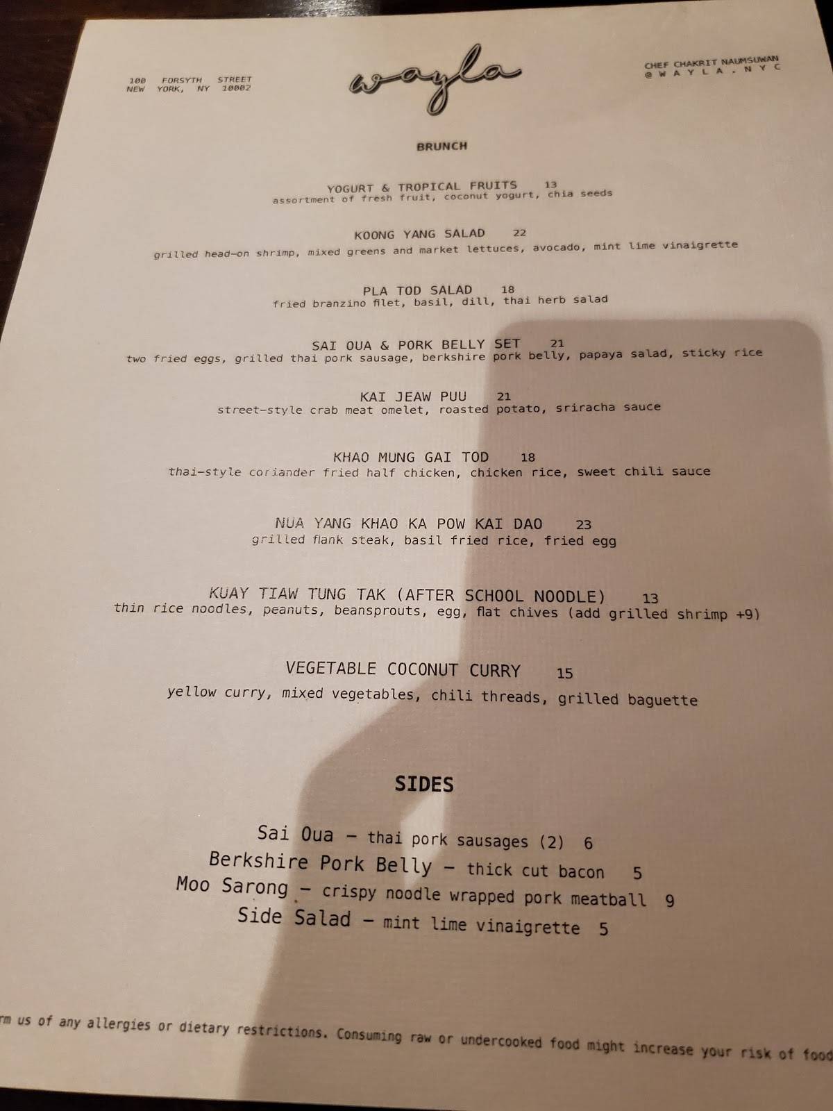 Menu at Wayla restaurant, New York City, 100 Forsyth St