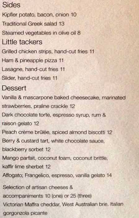 Menu at Whistling Kite restaurant, Secret Harbour