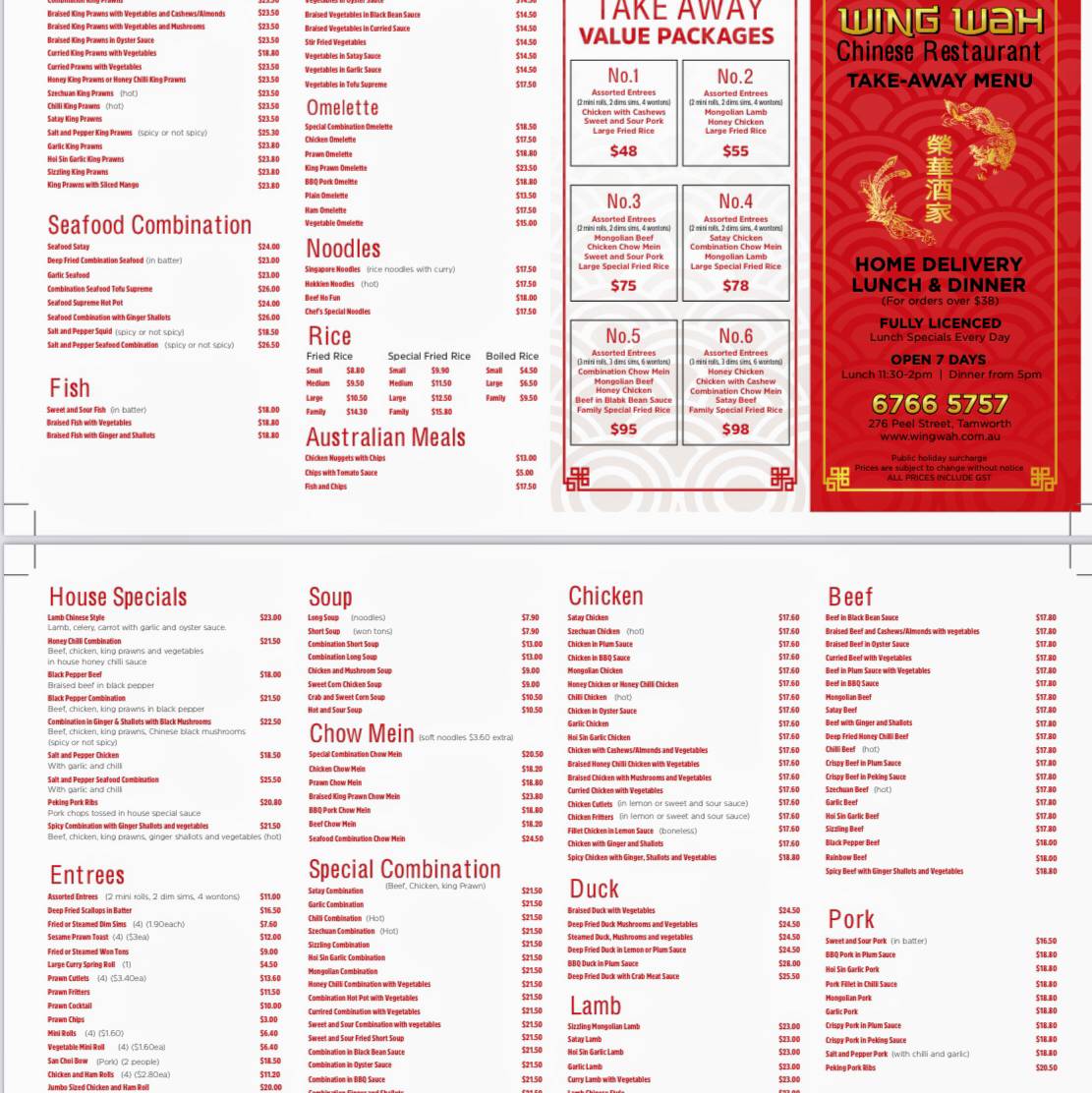 Menu at Wing Wah Restaurant, Tamworth