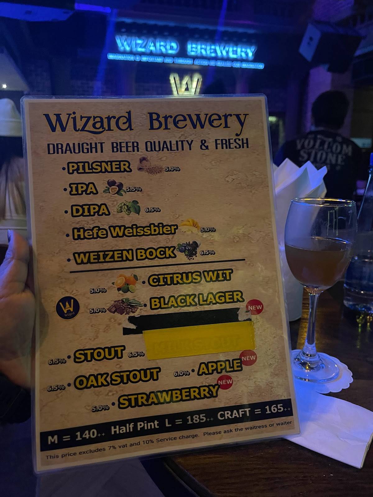 Menu at Wizard Brewery and Restaurant, Pattaya City