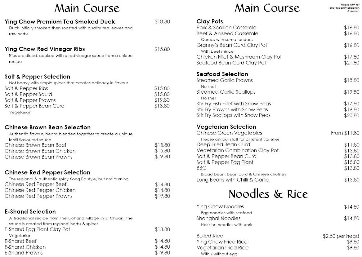 Menu at Ying Chow Chinese Restaurant, Adelaide