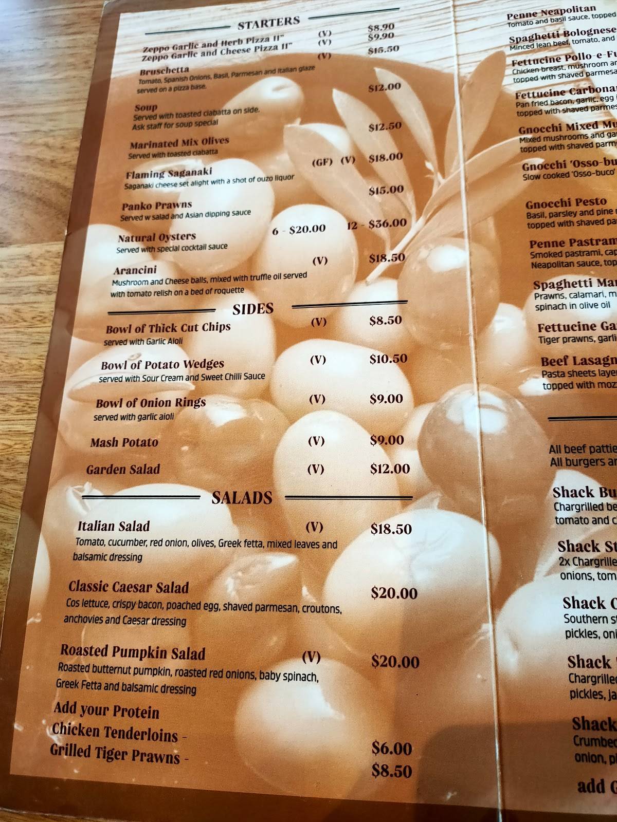 Menu at ZEPPO restaurant, Clyde