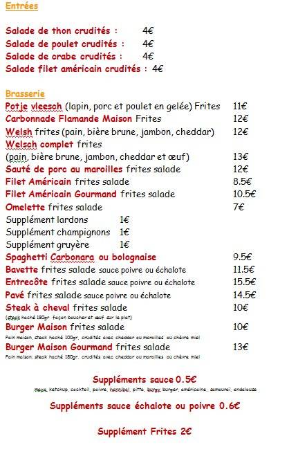 Menu au À l'Estaminet des Dunes restaurant, Ghyvelde