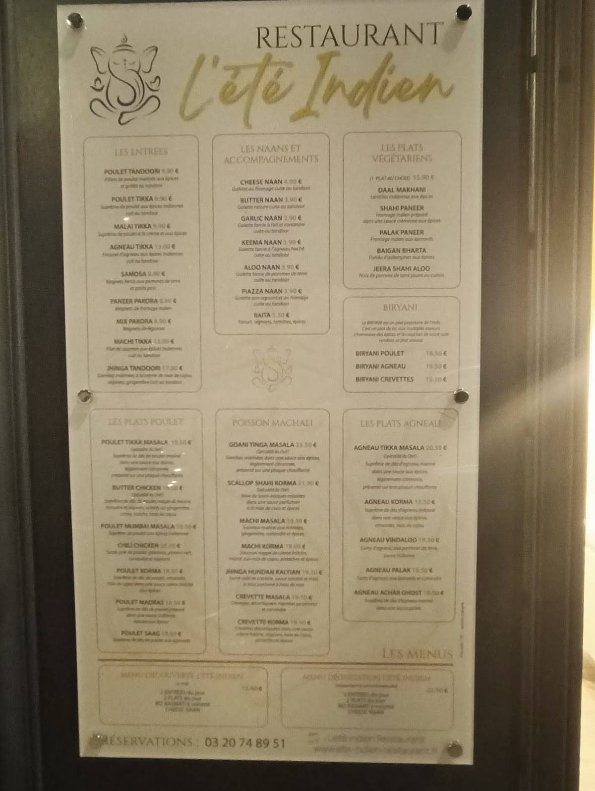 Menu at Restaurant l’Eté Indien, La Madeleine
