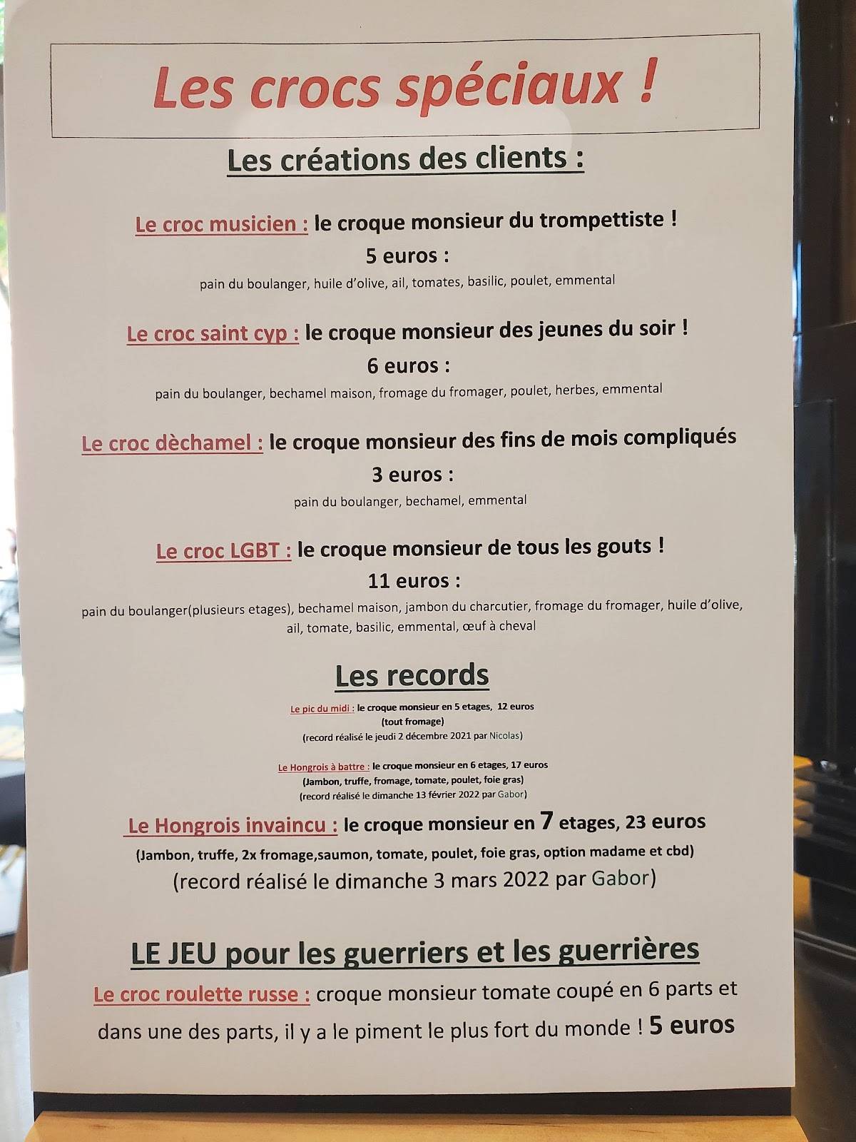 Menu au Lo Cròc A La Lèsta restaurant, Toulouse
