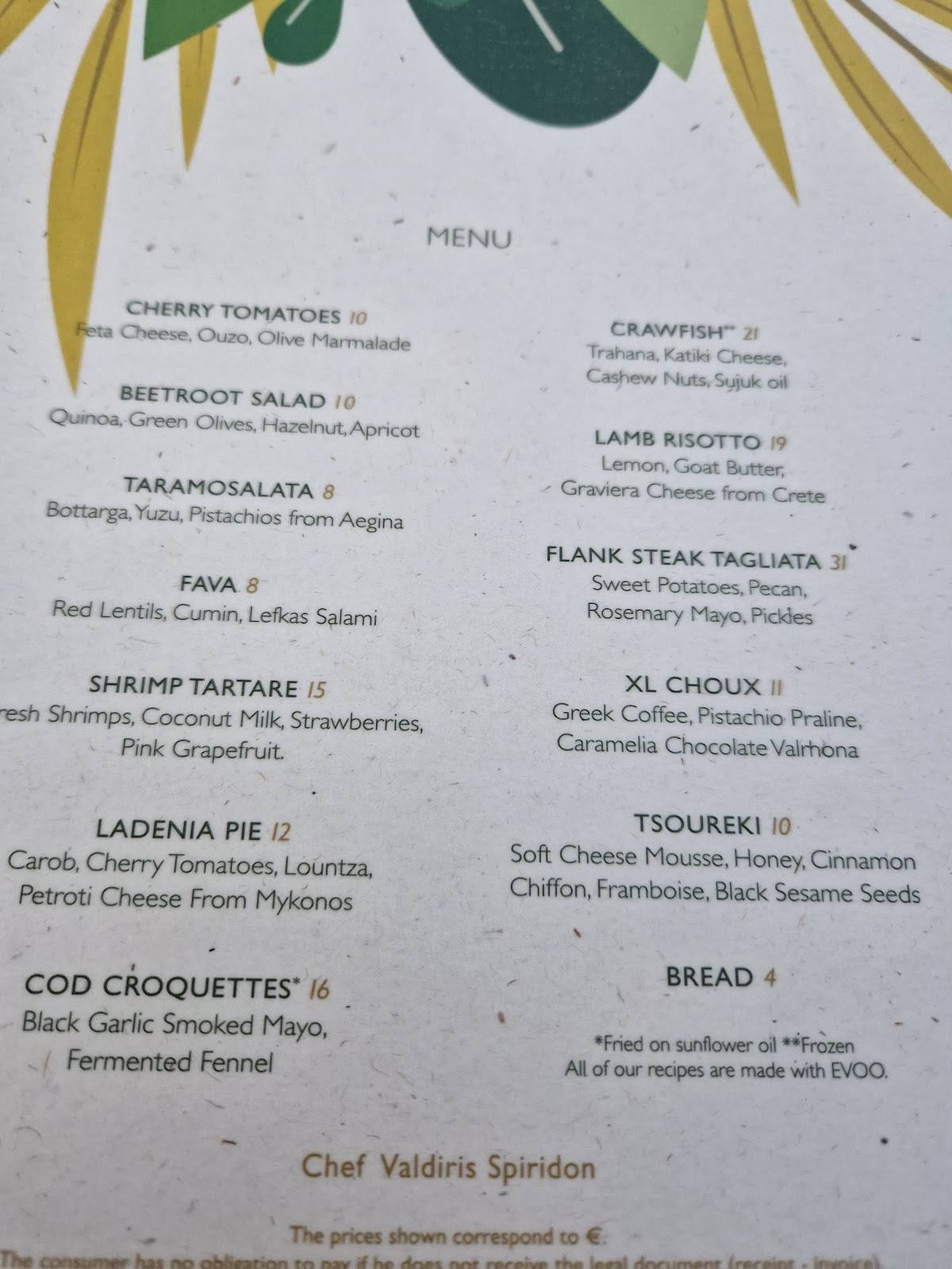 Menu at stork rooftop bar restaurant, Athens
