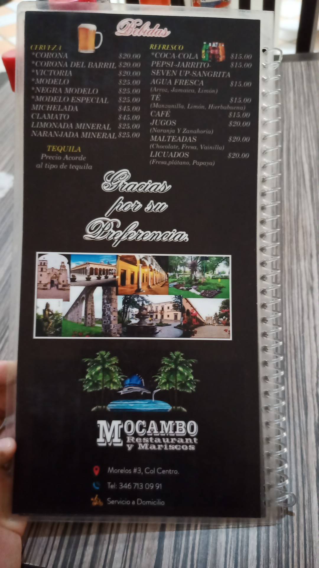 Carta del restaurante Mocambo, Nochistlán del Mejía