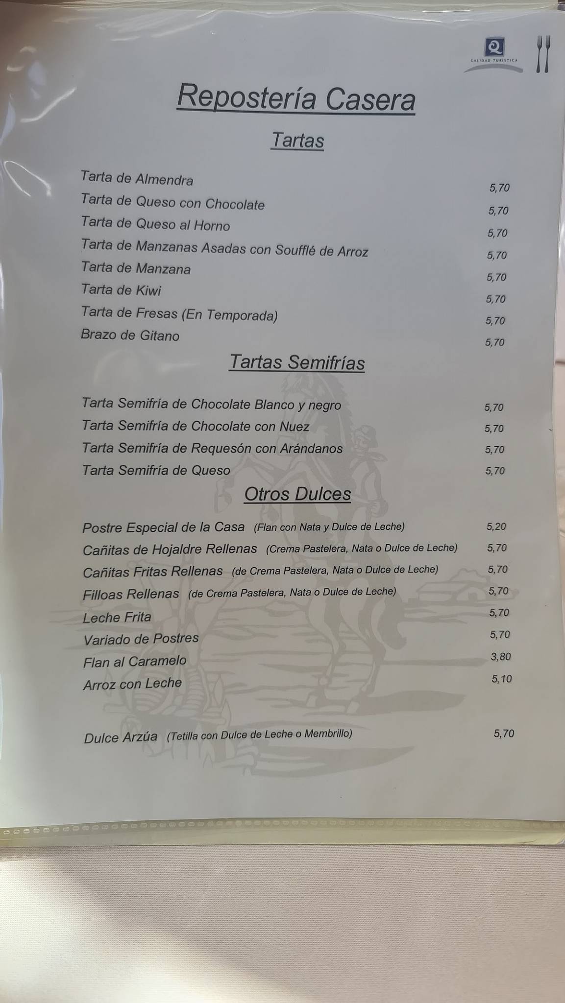 Carta de parrilla Los Abetos, Nigrán