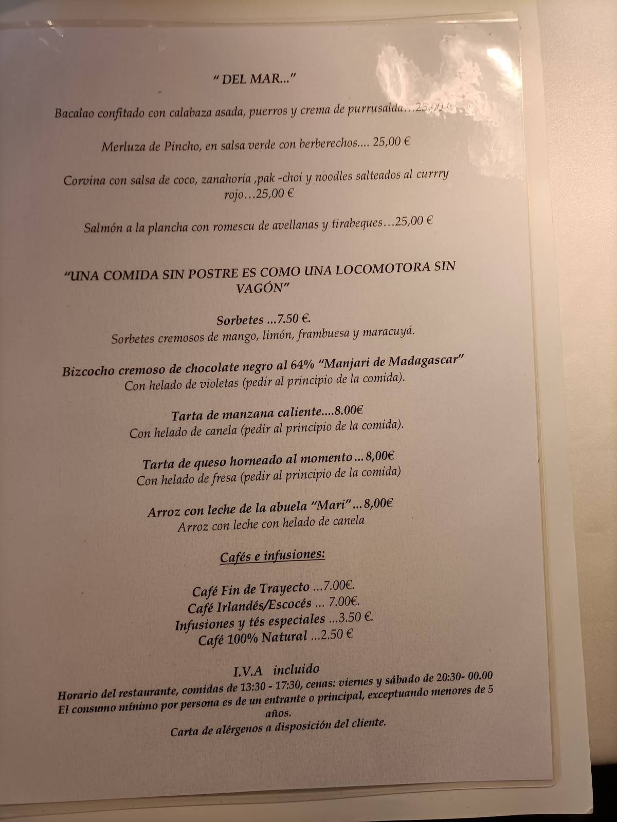 Carta de Restaurante El Vagón de Beni, Hoyo de Manzanares