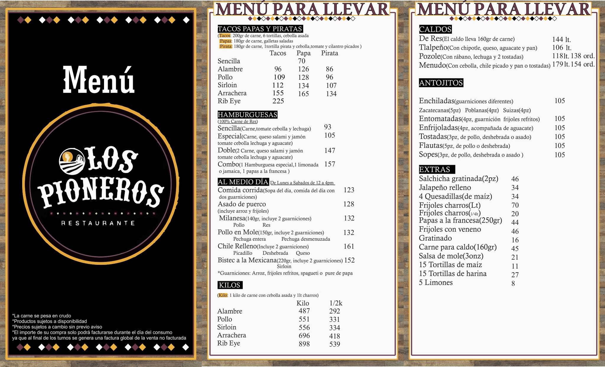 Carta de Restaurante Los Pioneros, Monterrey, Paseo de los Leones 2205