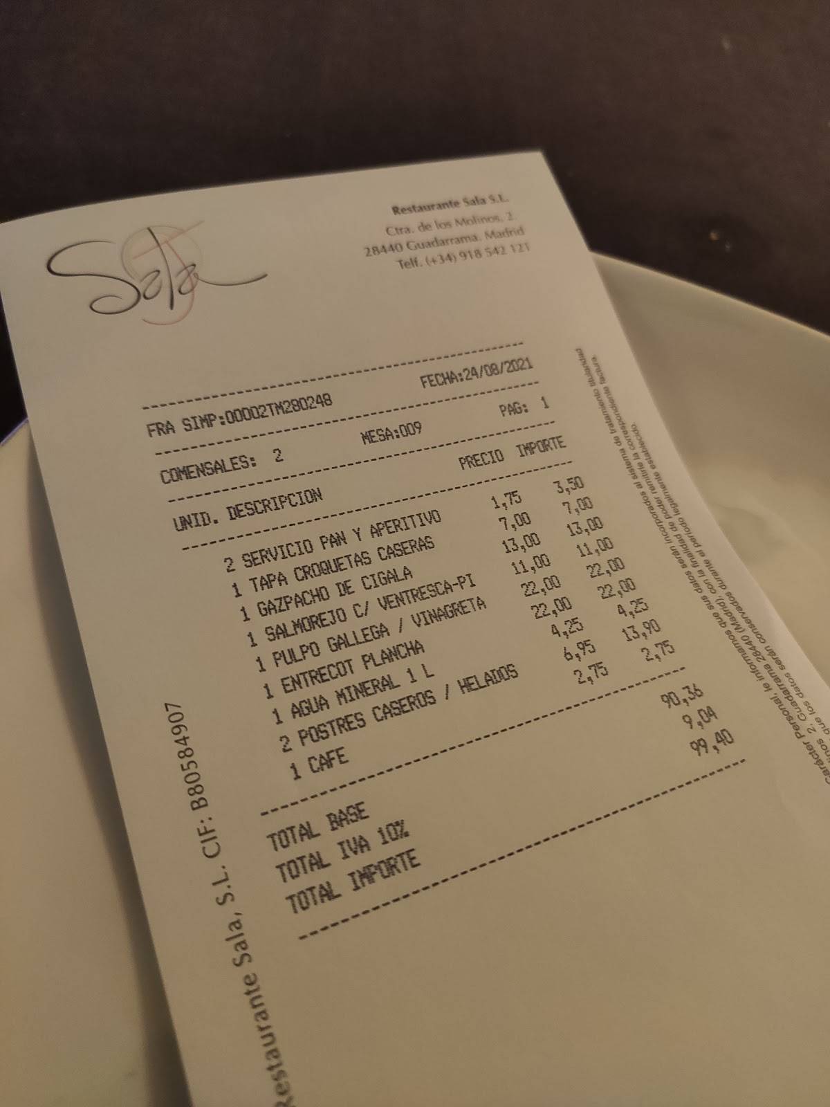 Carta de Restaurante Sala, Guadarrama, Carretera los Molinos Nº 2
