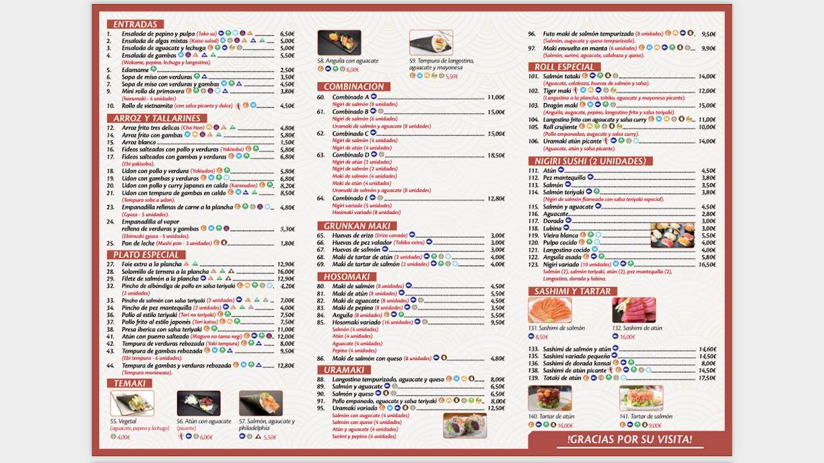 Carta del restaurante Kansai, Granada