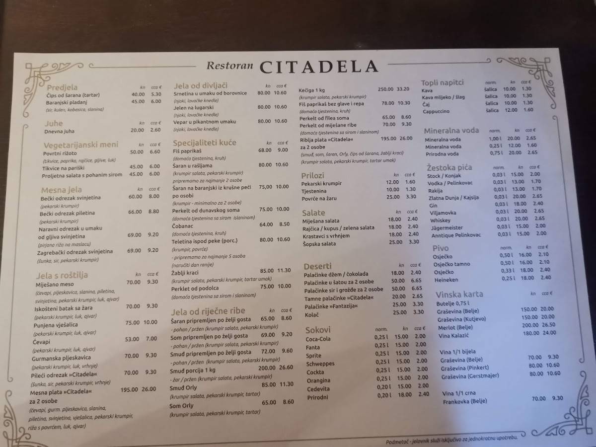 Menu at Restoran Citadela restaurant, Vardarac, Ul. Šandora Petefija 39