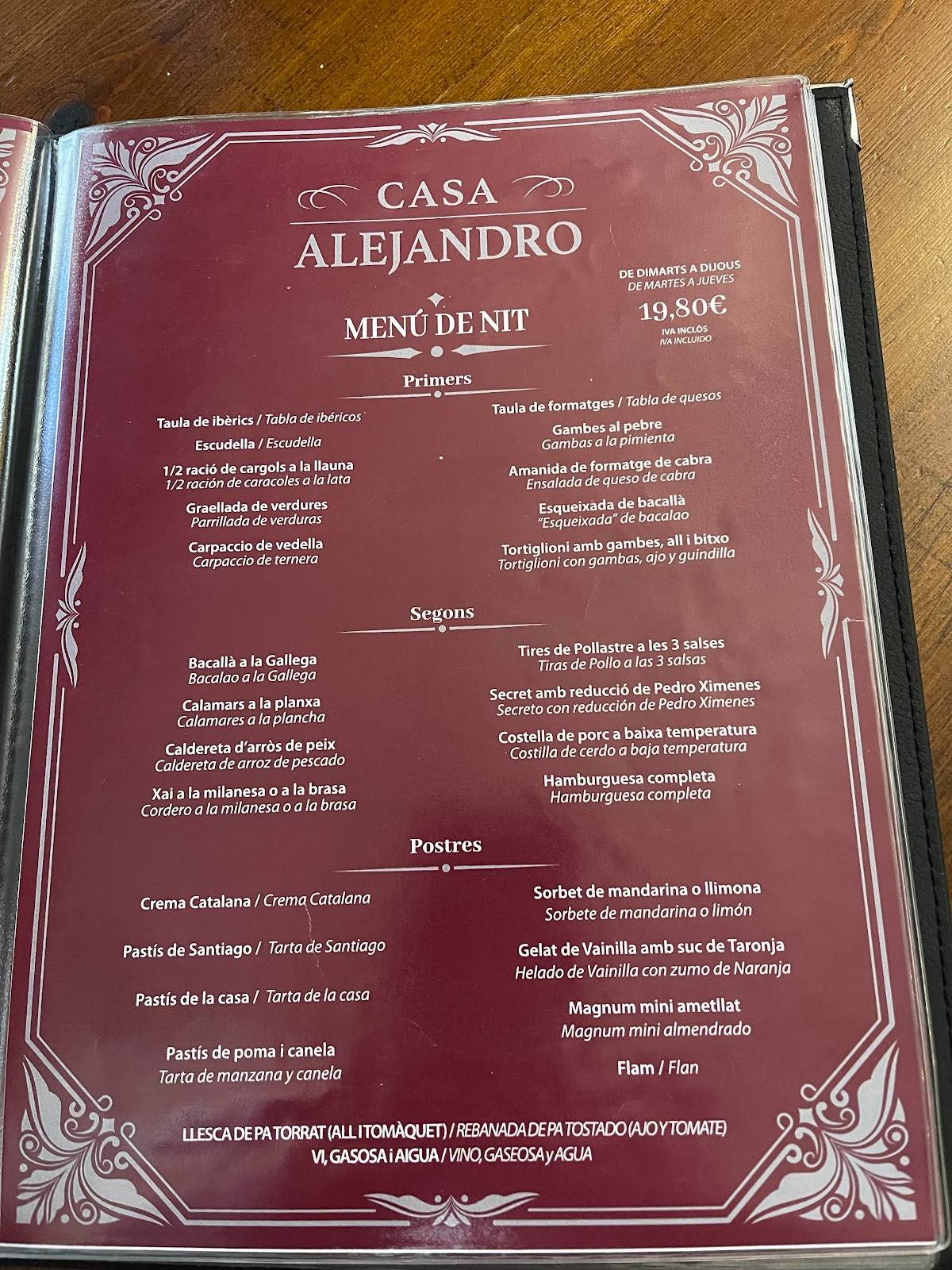 Menu at Restaurante Casa Alejandro, Reus, Carrer del Batan
