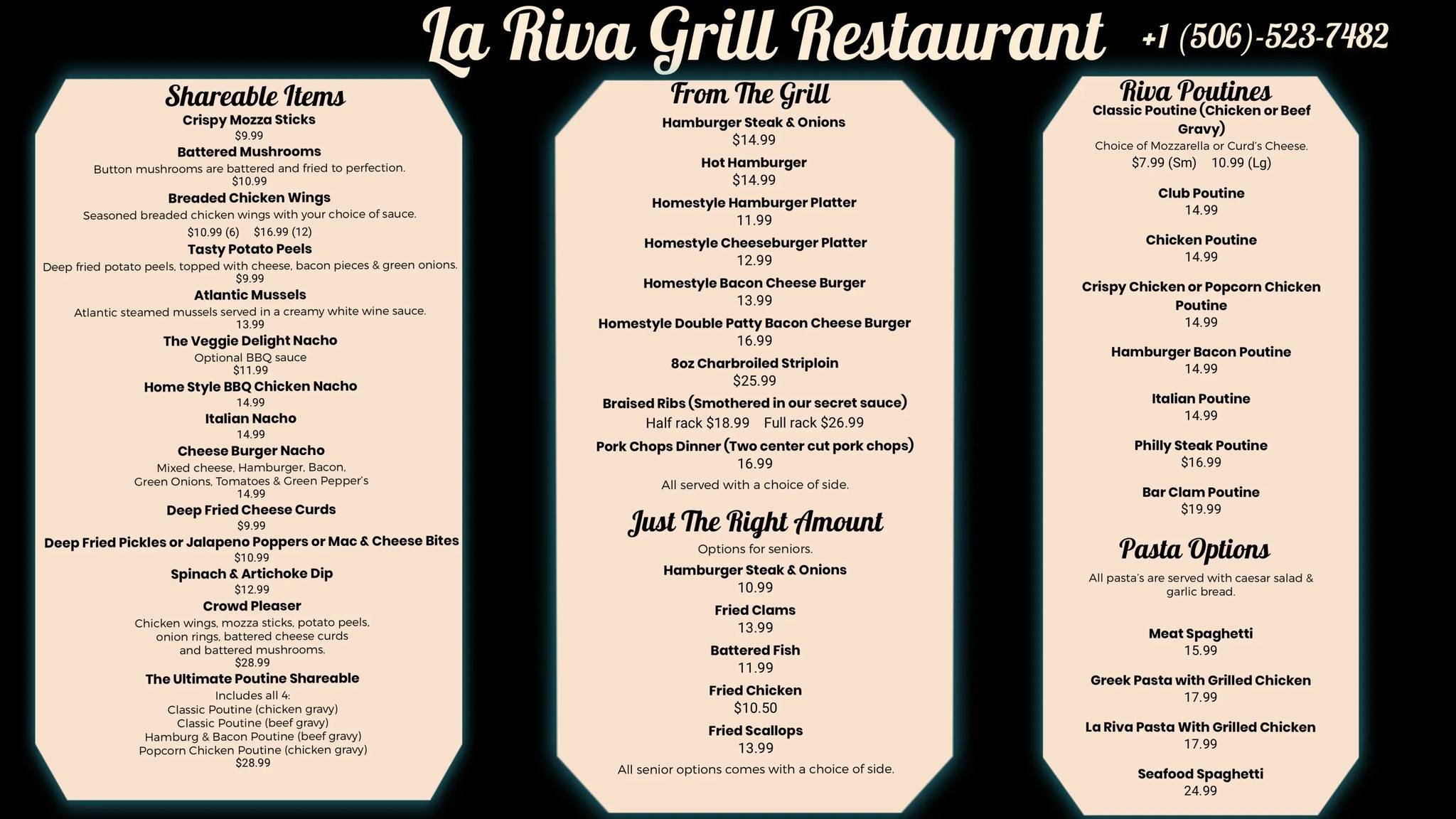 Menu at La Riva Grill restaurant, Richibucto, Rue Main