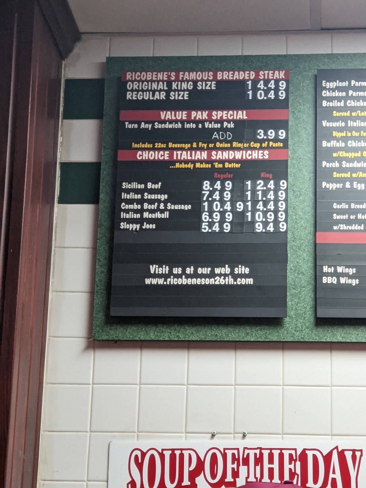 Menu at Ricobene's pizzeria, Chicago, 252 W 26th St