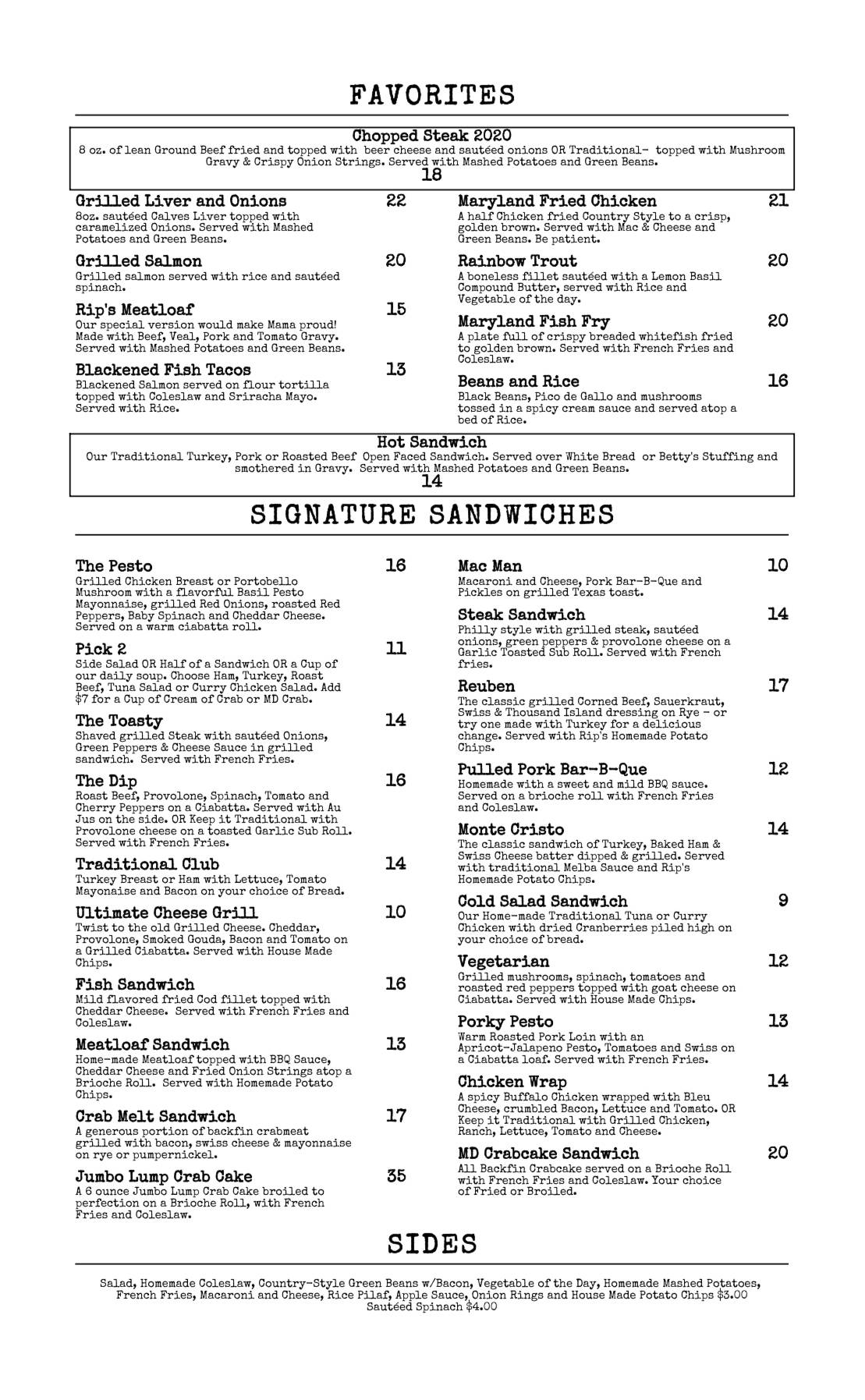 Menu at Rips Country Inn pub & bar, Bowie