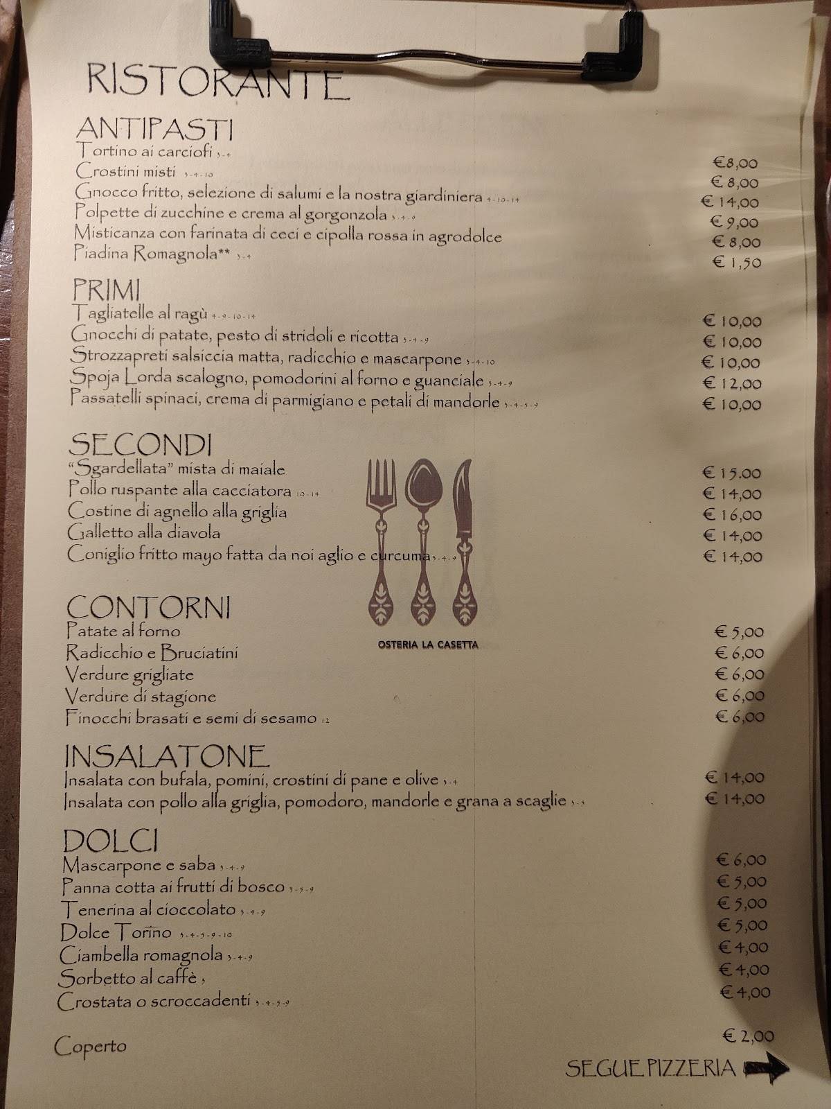 Menu da Ristorante Osteria La Casetta, Fiumana
