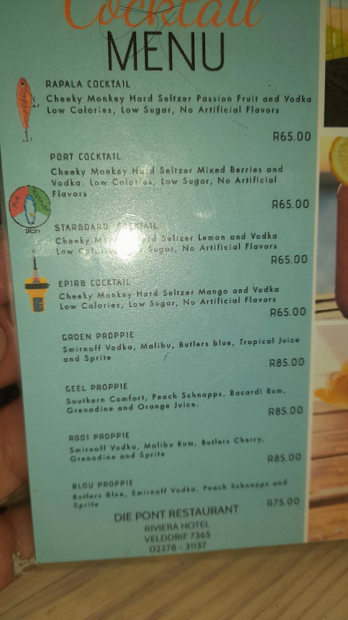 Menu at Riviera Hotel & Chalets restaurant, Velddrif