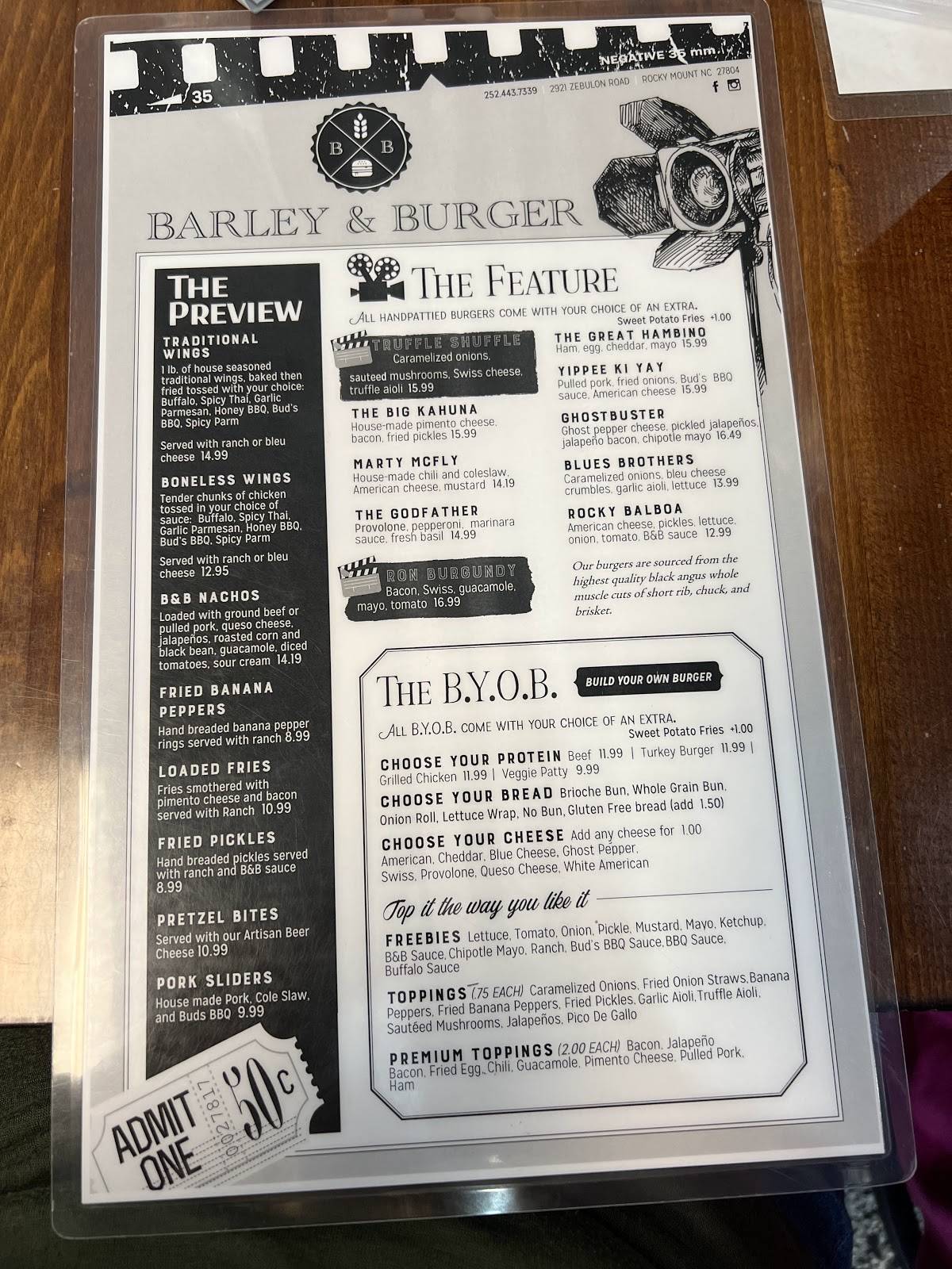 Menu at Barley and Burger, Rocky Mount