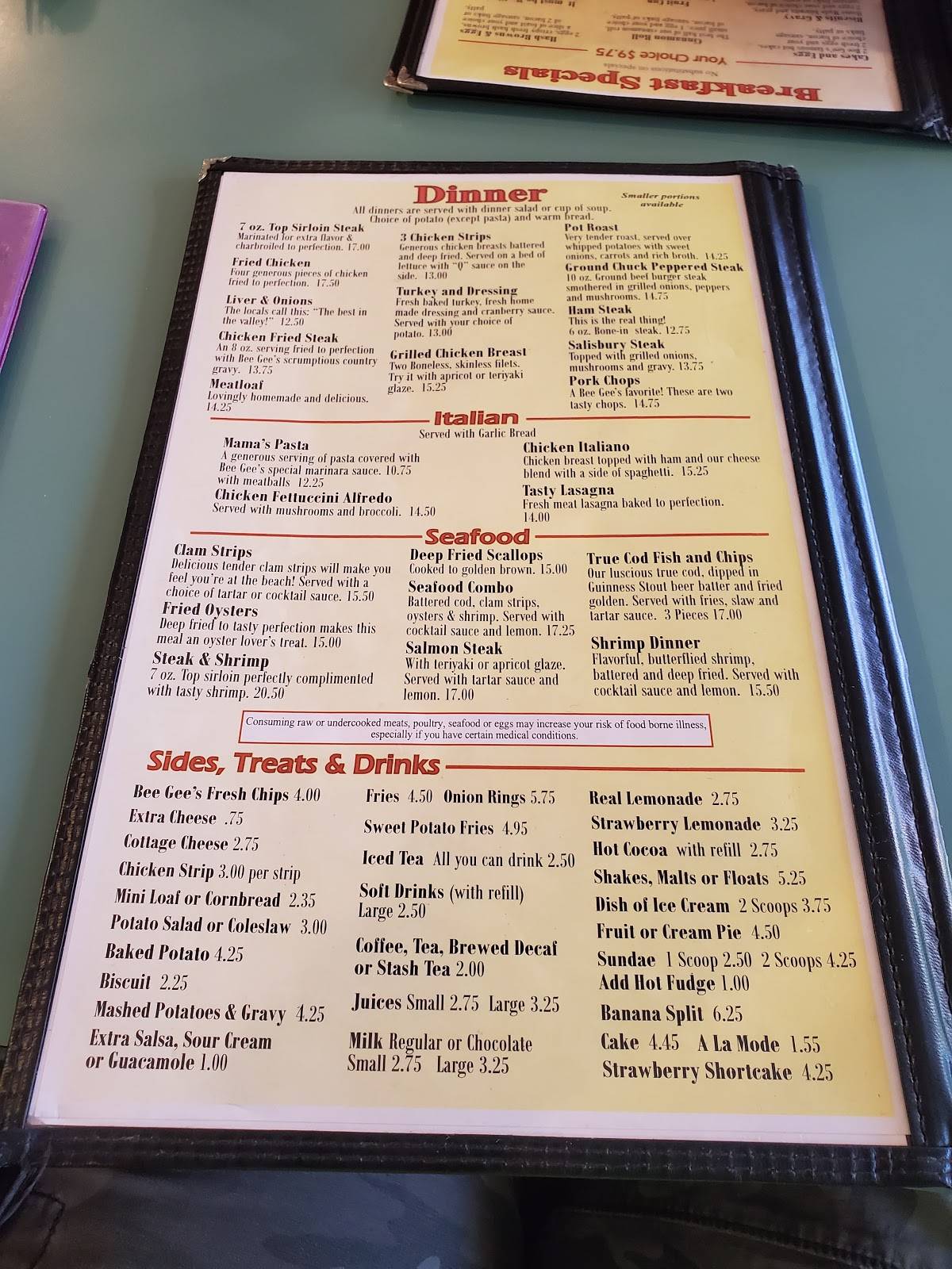 Menu at BeeGees Diner restaurant, Rogue River