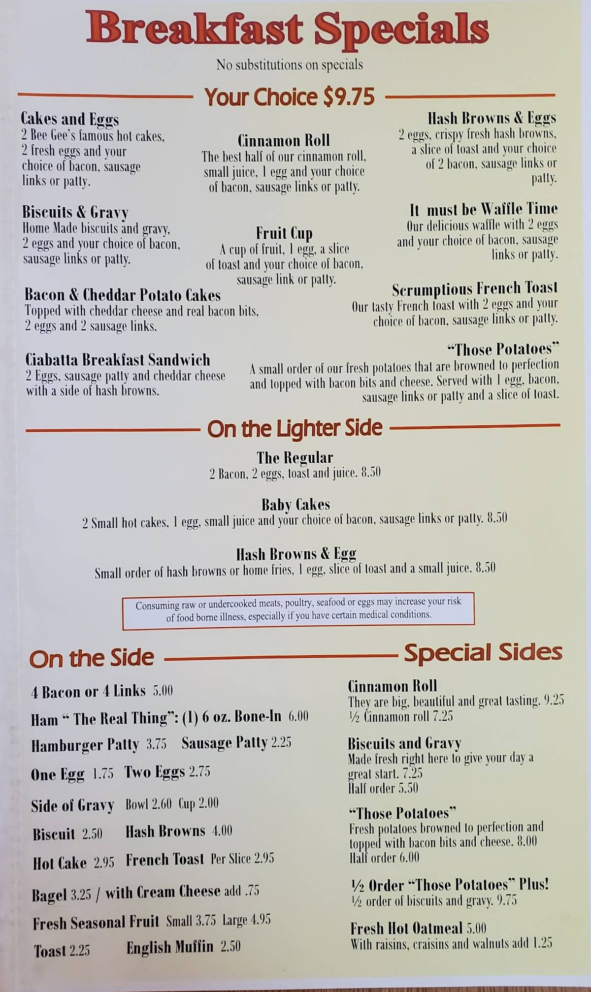 Menu at BeeGees Diner restaurant, Rogue River