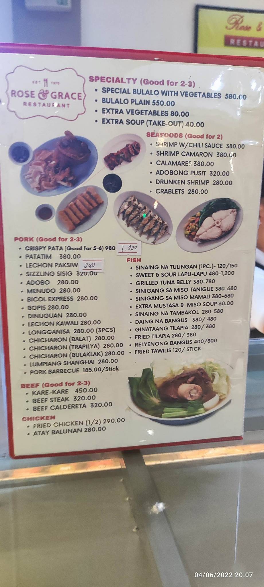 Menu at Rose and Grace Restaurant, Santo Tomas, 1