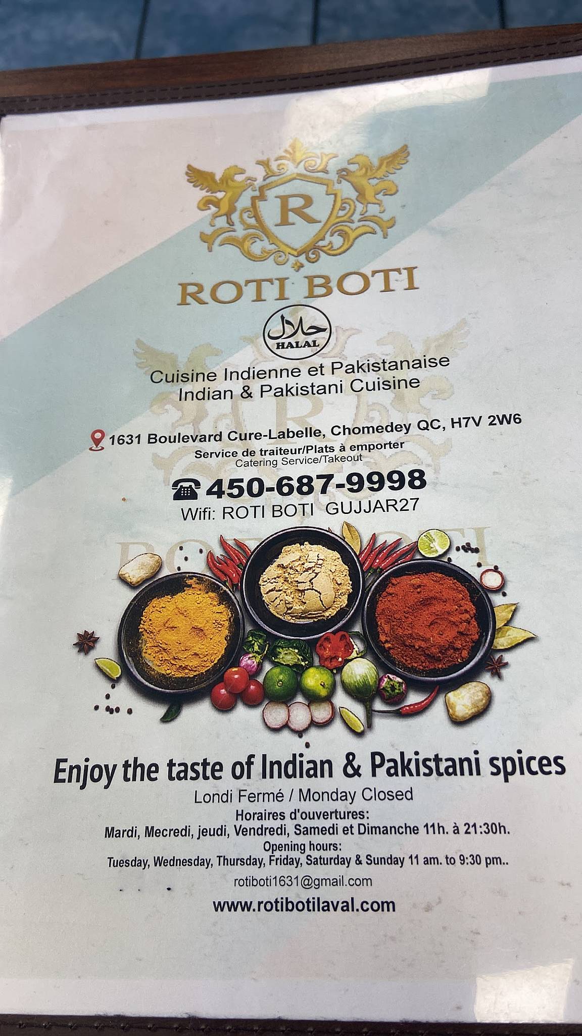 Menu au Roti Boti (Laval) restaurant, Laval