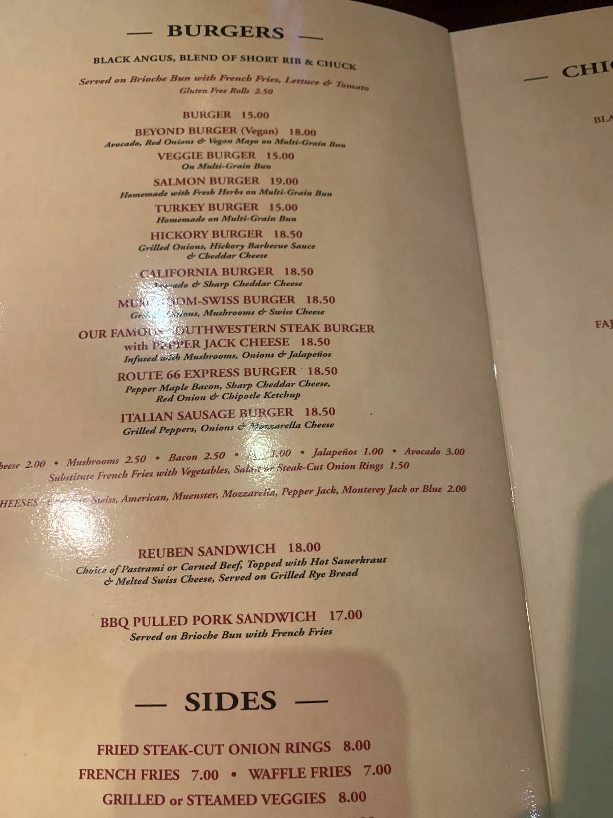 Menu at Route 66 Cafe, West New York