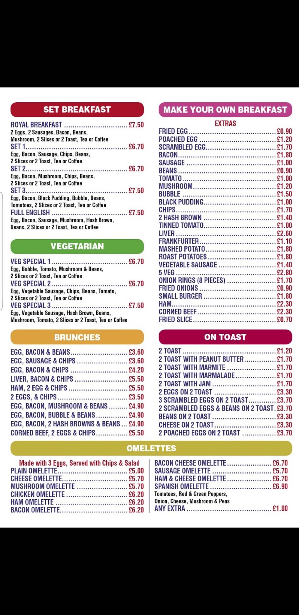 Menu at Royal Cafe, London, 102 Fleet Rd